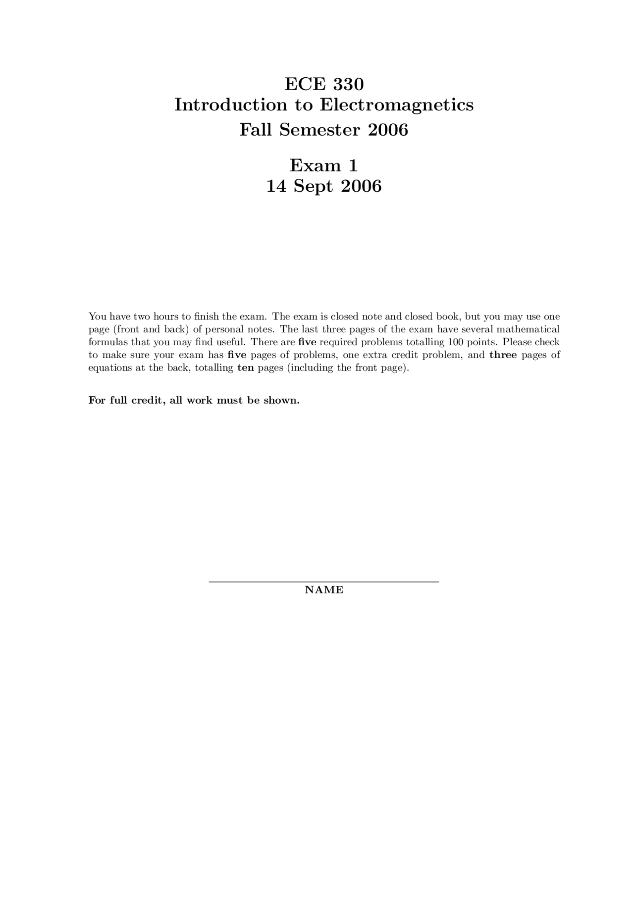 Introduction To Electromagnetics Of Electromagnetic Theory Exam 1