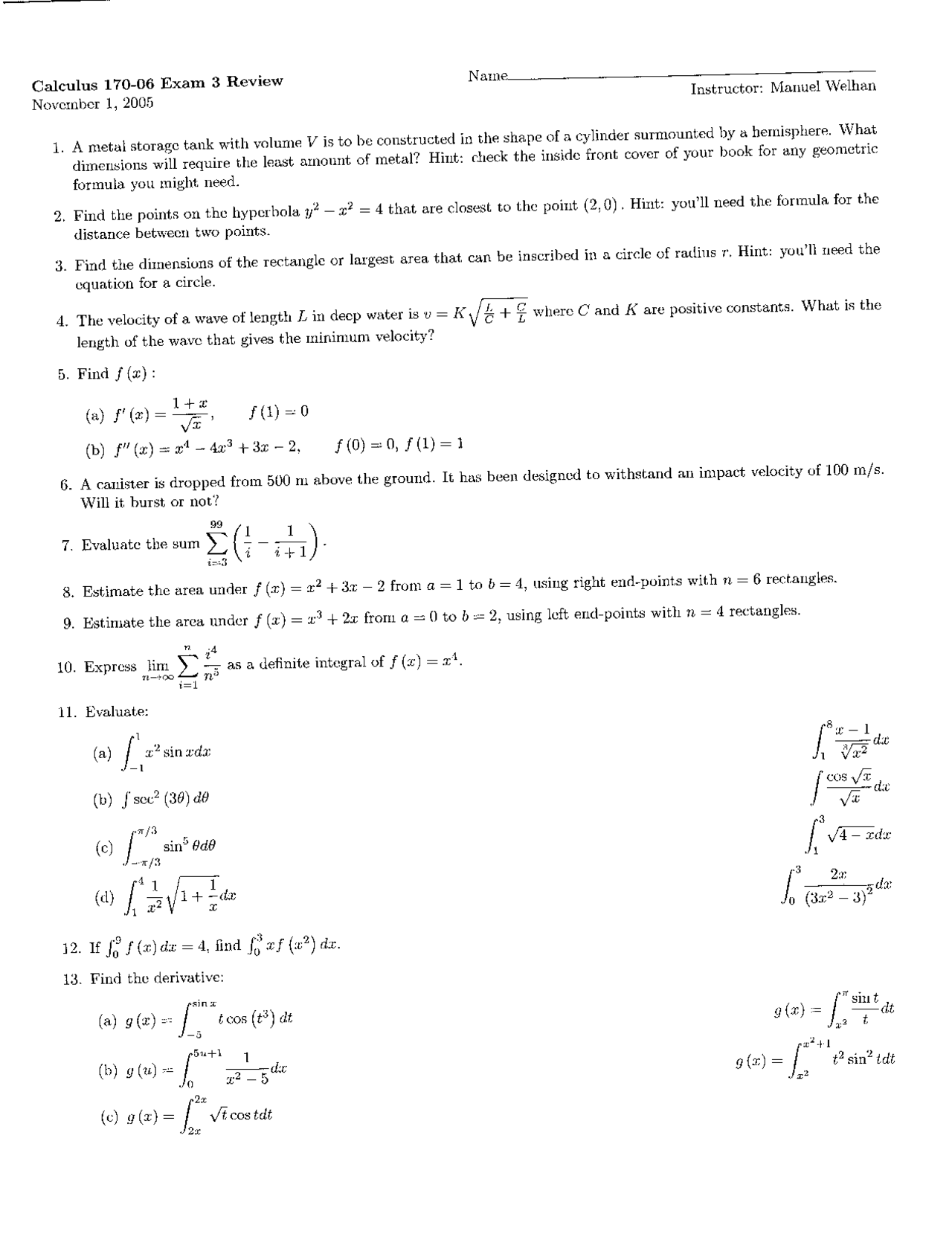 Exam 3 Review Problems - Analytic Geometry and Calculus I | MATH 170 ...