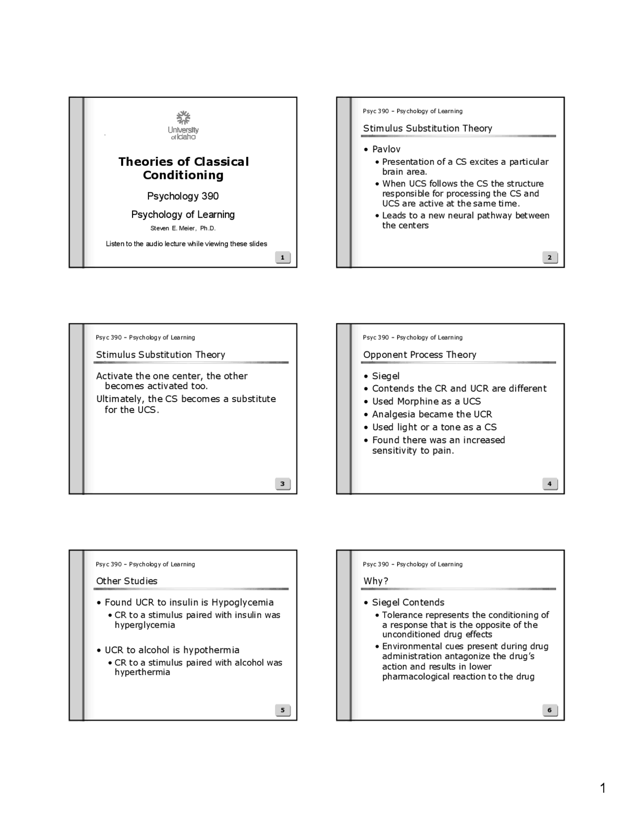 Theories Of Classical Conditioning Lecture Slides Psyc 390 Docsity