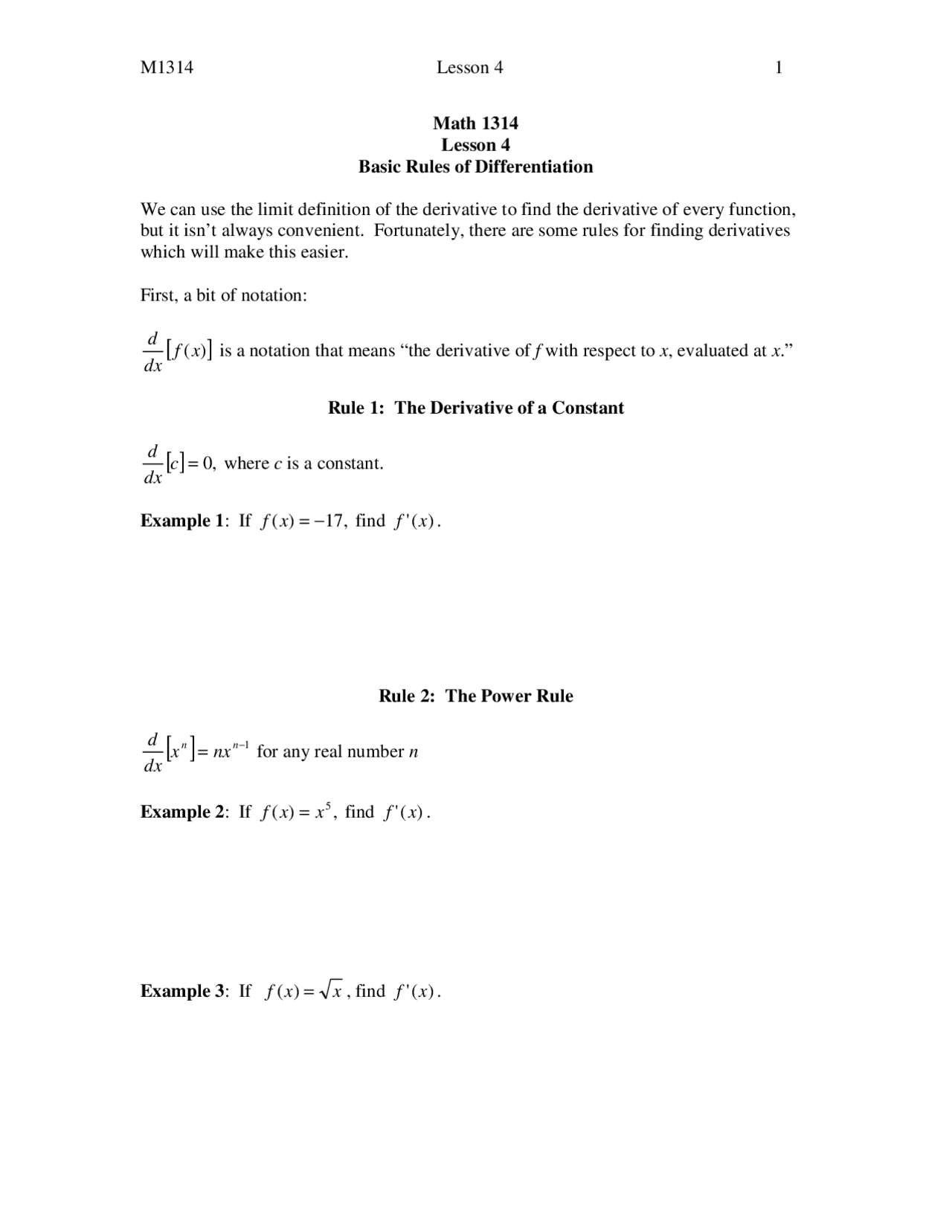 Lecture Notes On Basic Rules Of Differentiation Math 1314 Docsity
