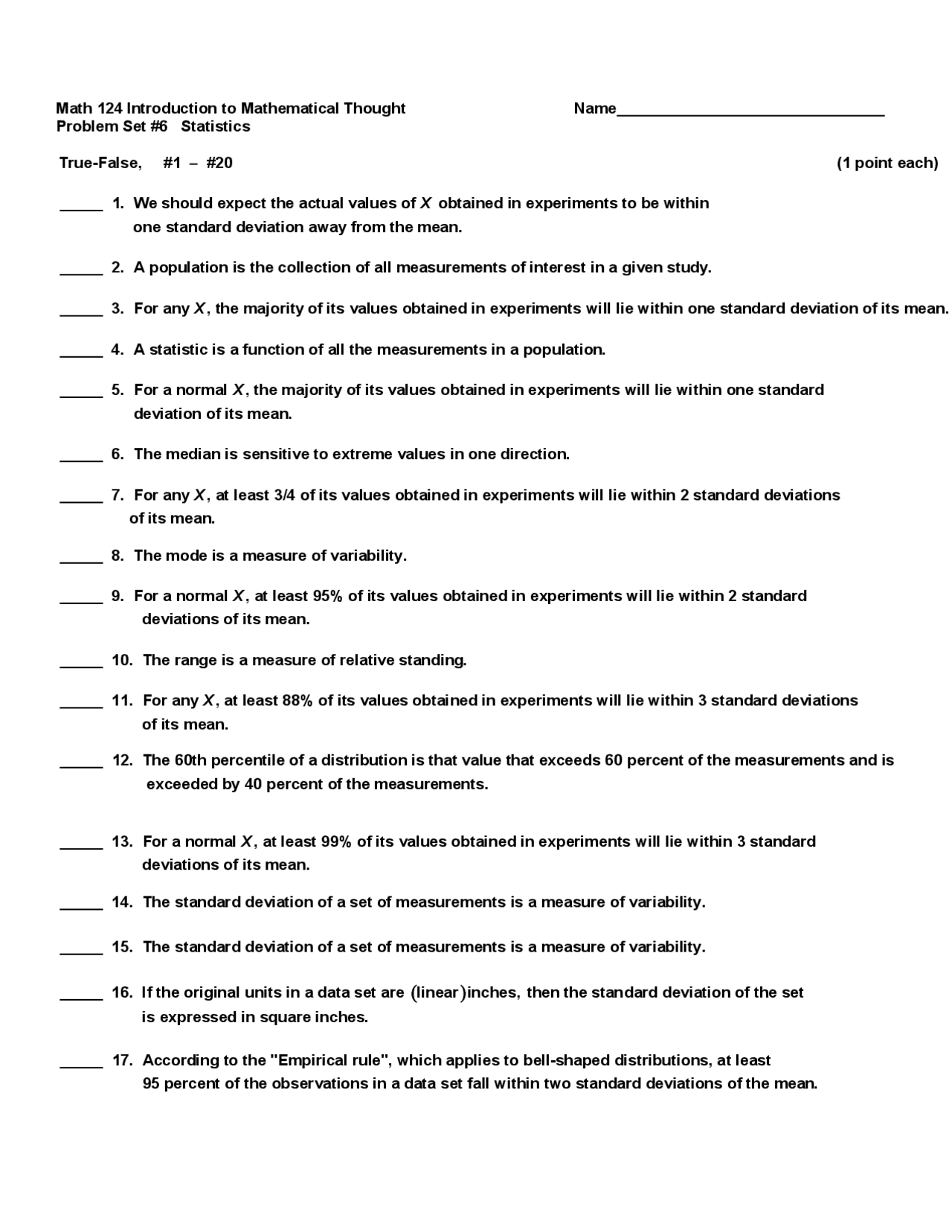 Problem Set 6 Introduction To Mathematical Thought Math 124 Docsity