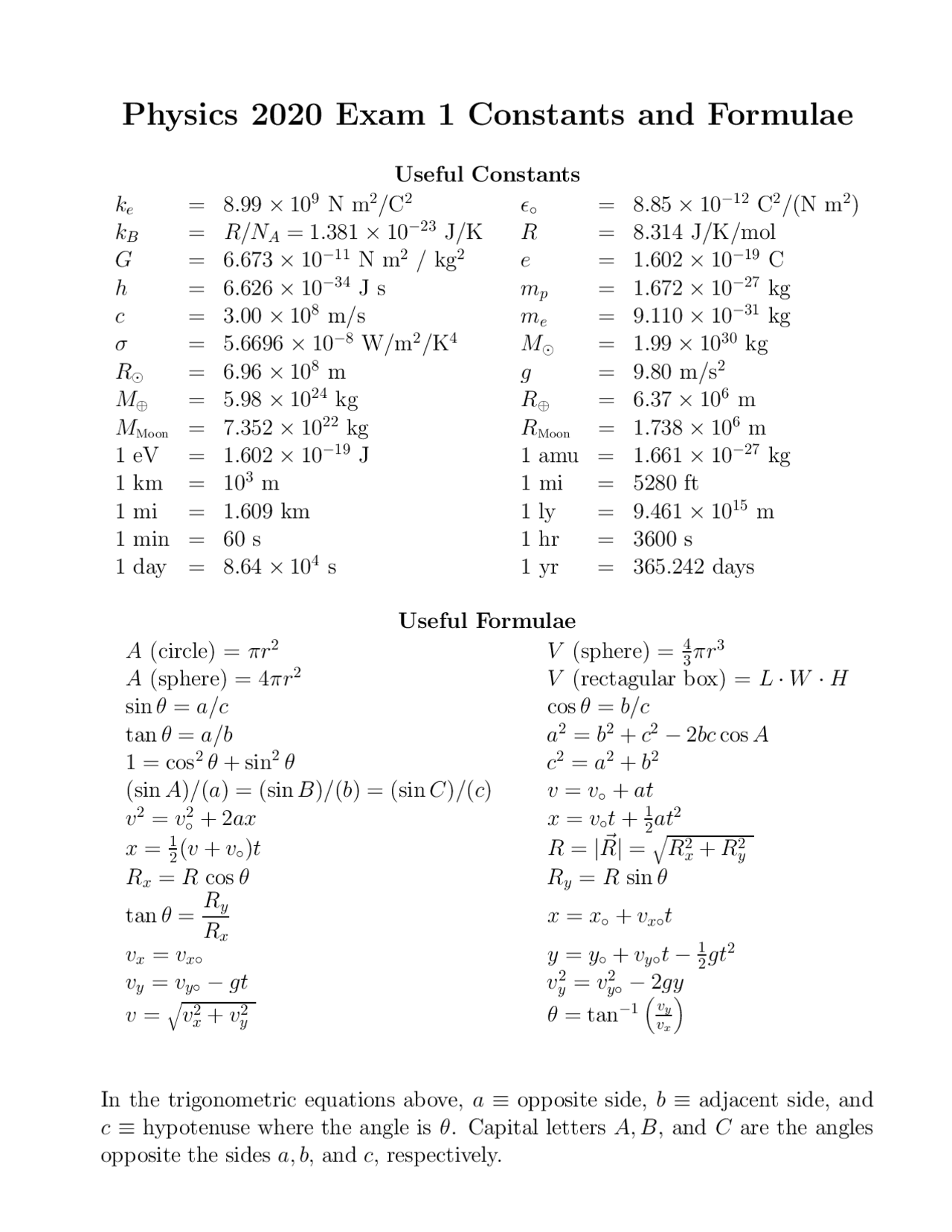 Questions On The Constants And Useful Formulas Exam 1 Phys 2020