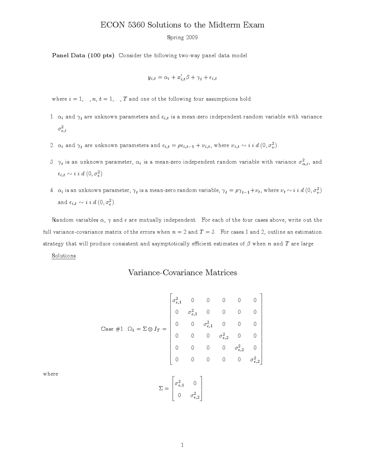 Solutions To Midterm Exam Advanced Econometric Theory Ii Econ 5360