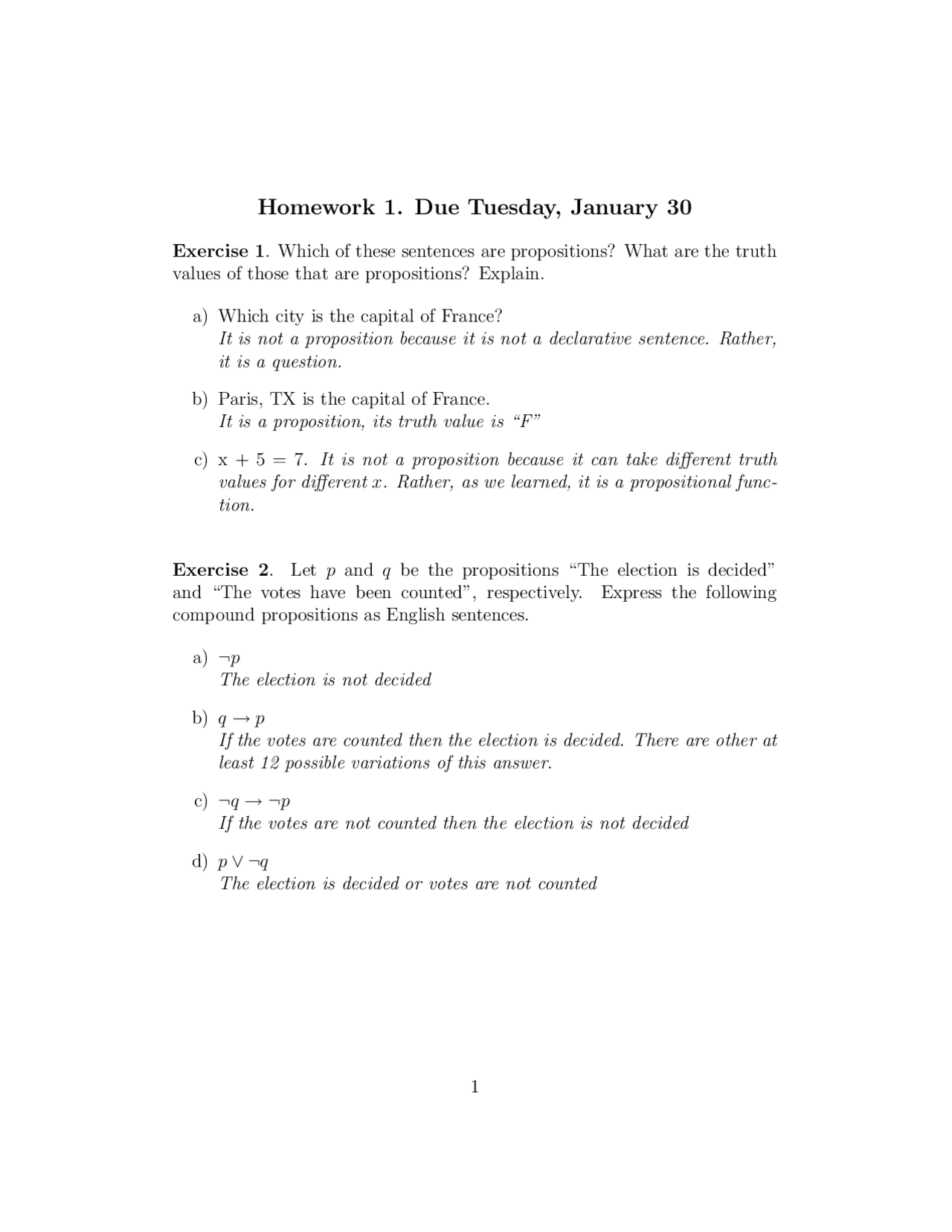 Exercises for Homework 1 | Discrete Mathematics | MATH 3336 - Docsity