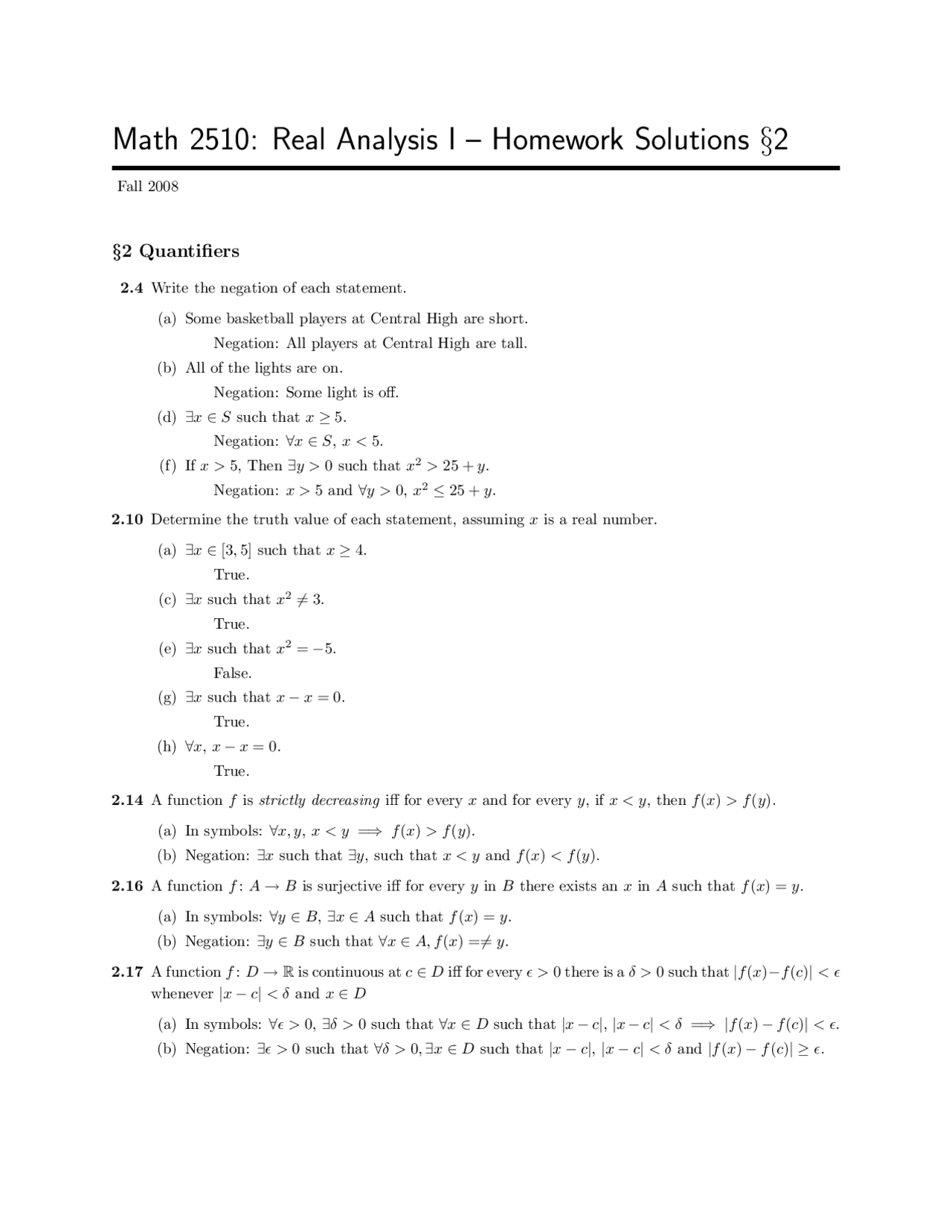 Real Analysis I Homework Ii Solutions Math 2510 Docsity
