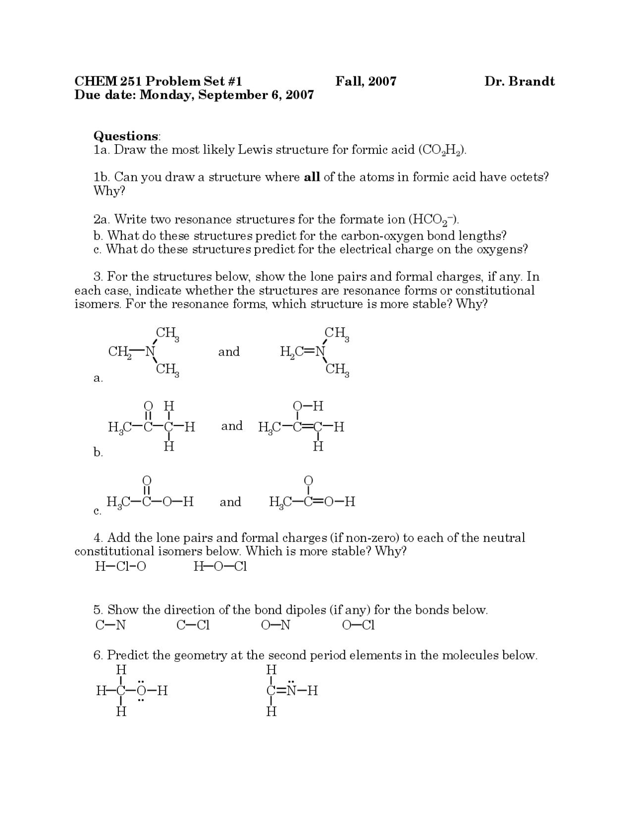 6 Practice Questions on Organic Chemistry I - Problem Set 1 | CHEM 251 ...