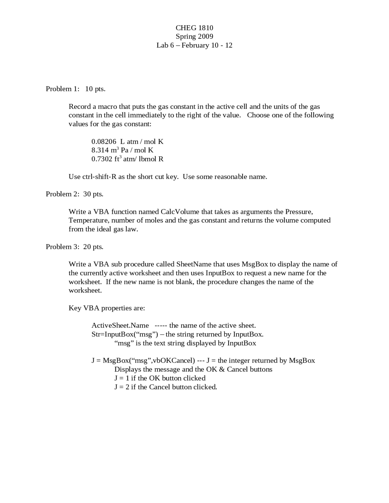 Lab 6 With 3 Problems For Introduction To Chemical Engineering