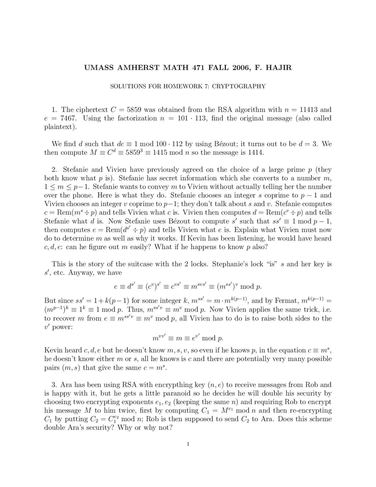 Solutions for Homework 7 - Theory of Numbers | MATH 471 - Docsity