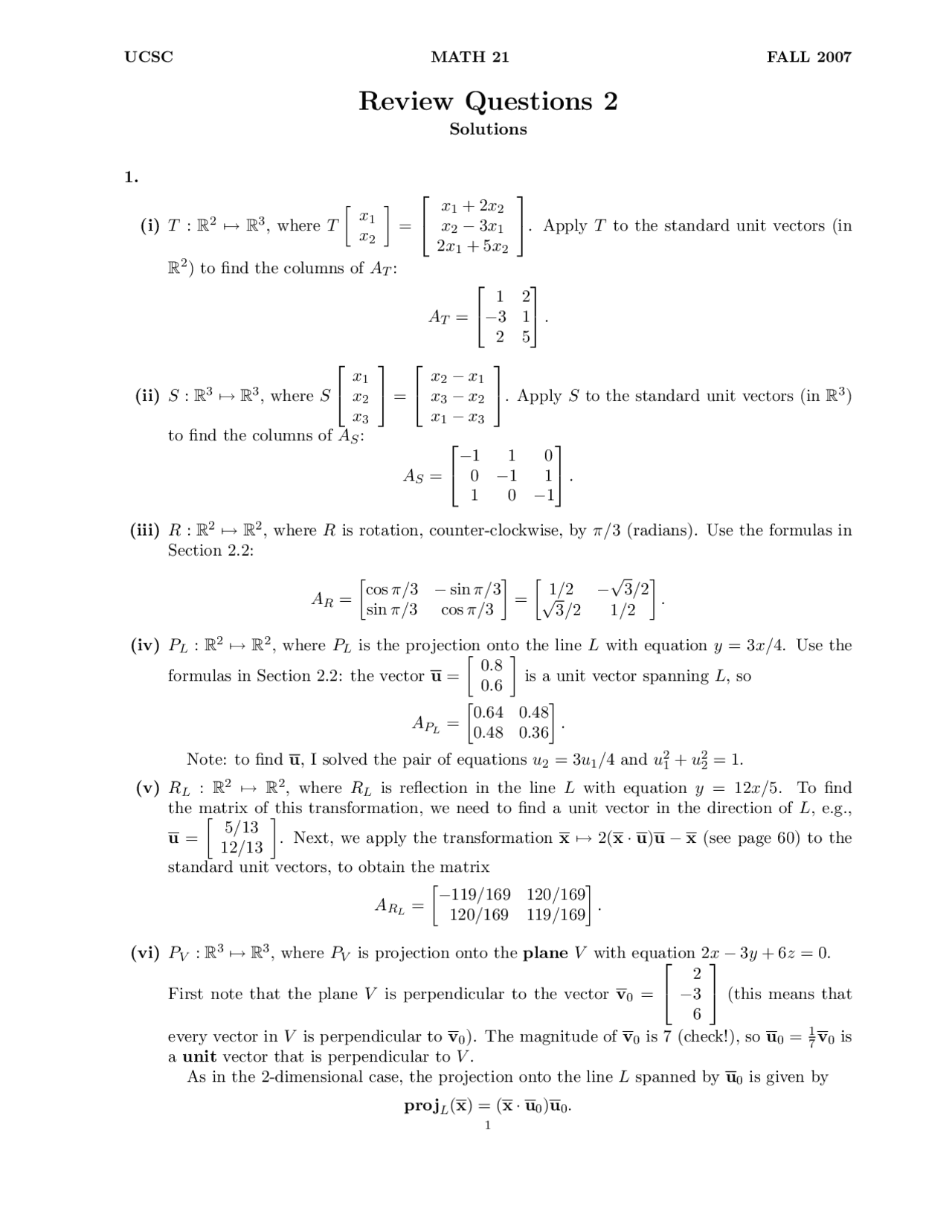 Resolution Of Review Problems On Linear Algebra Math 21 Docsity