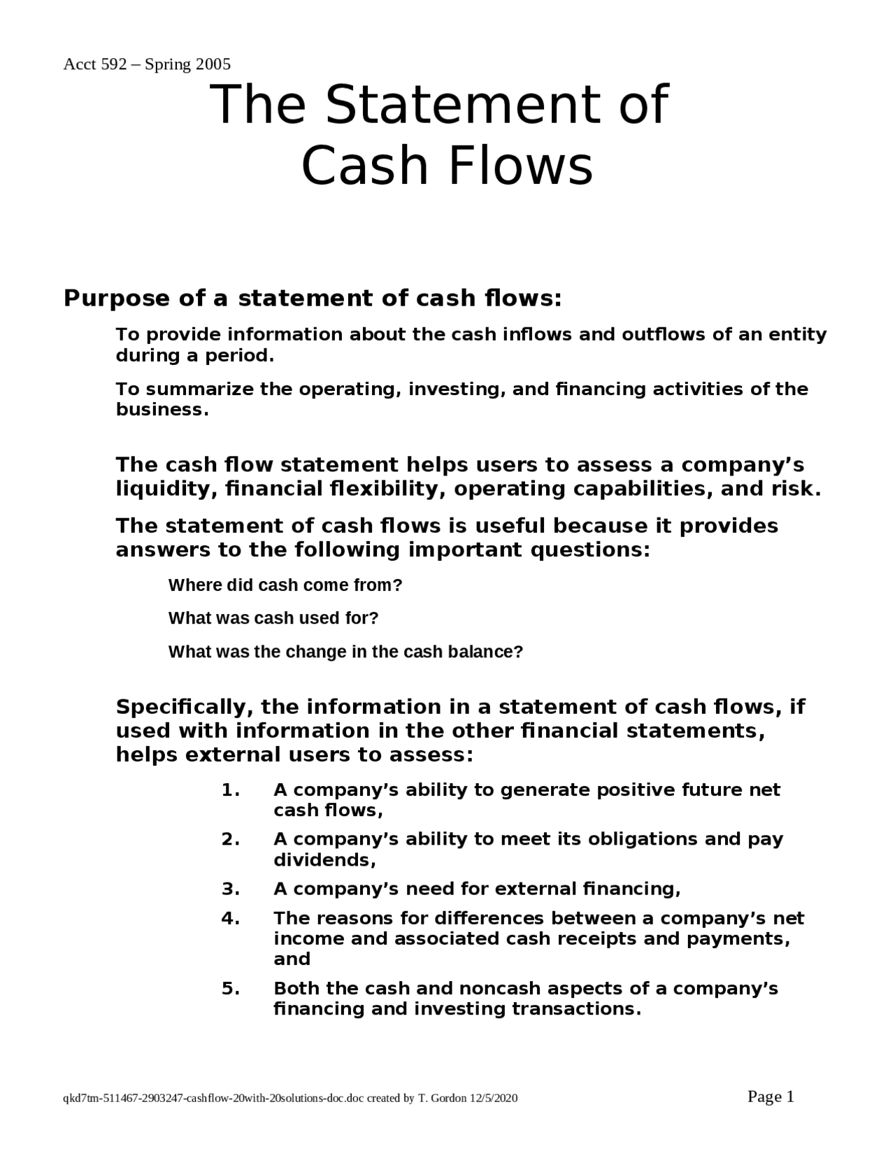 The Statement Of Cash Flows Lecture Notes Acct 592 Docsity