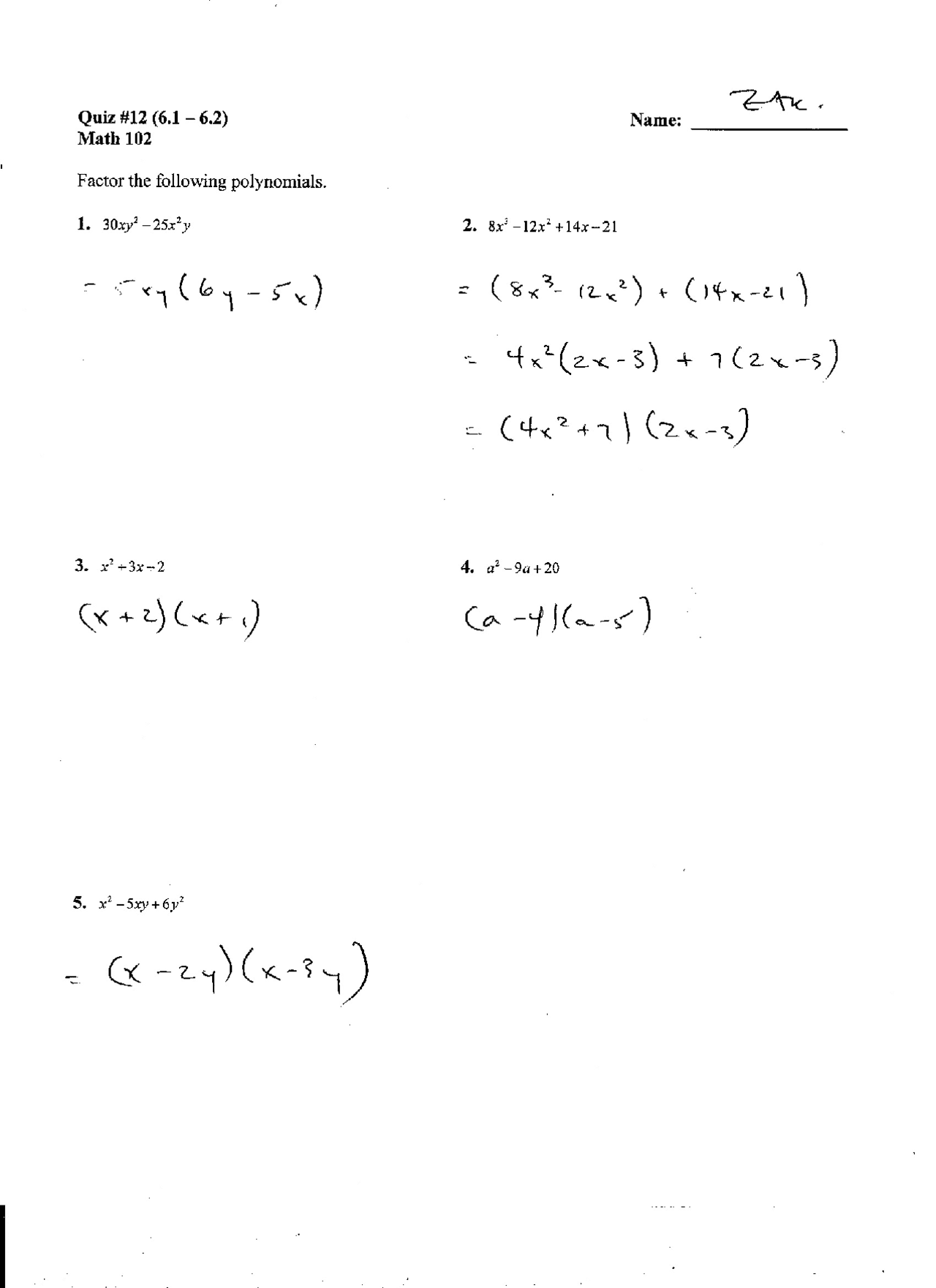Sample Quiz 12 With Answers Elementary Algebra Math 102 Docsity