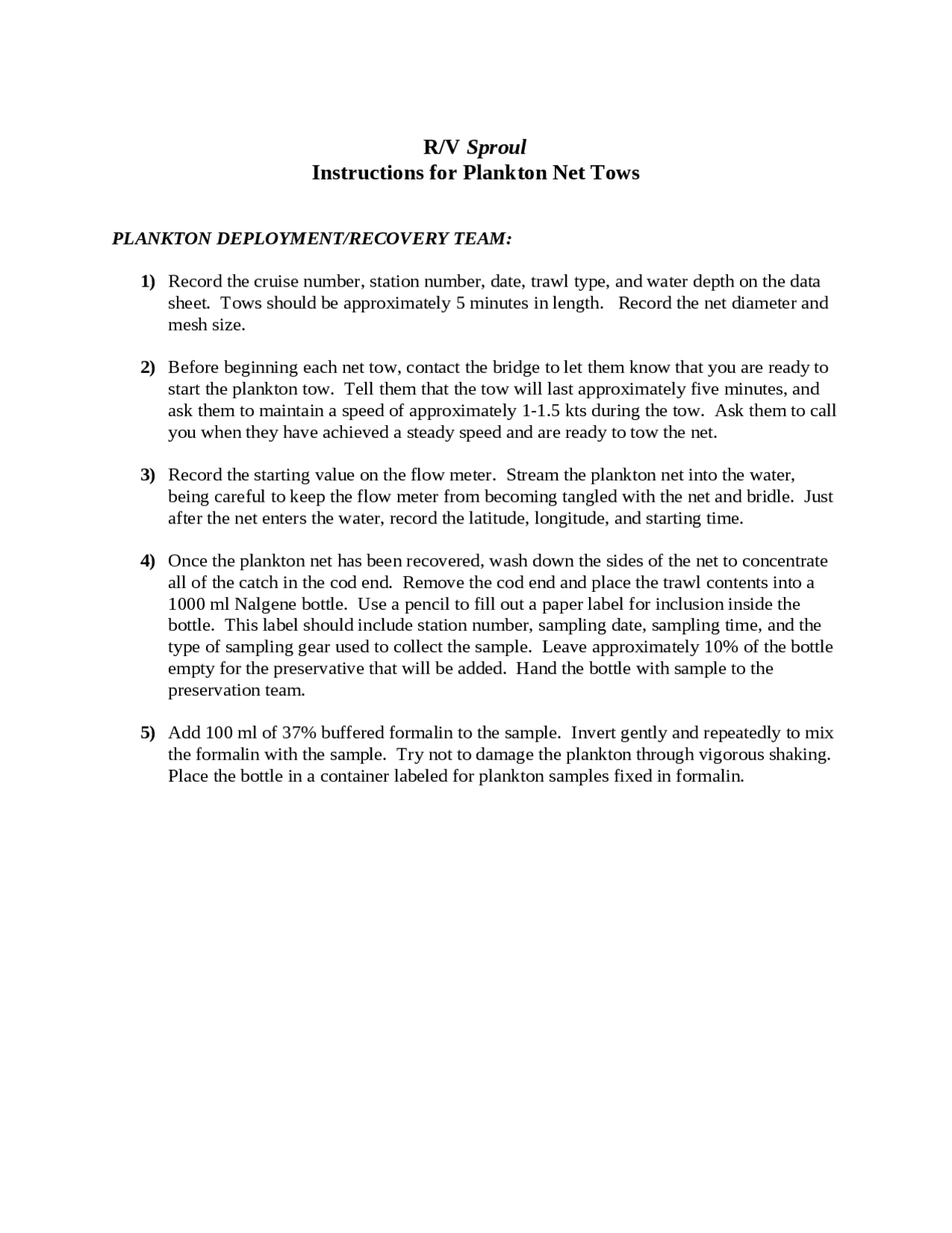 Instructions For Plankton Net Tows Biological Oceanography Biol