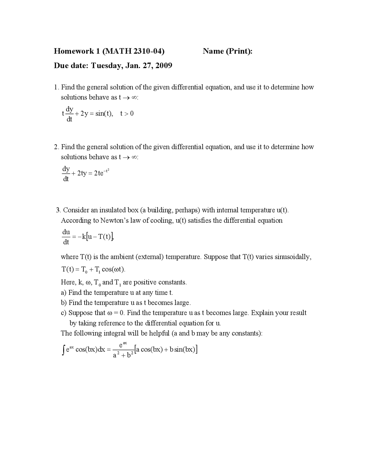 Assignment 1 For Applied Differential Equations I Math 2310 Docsity