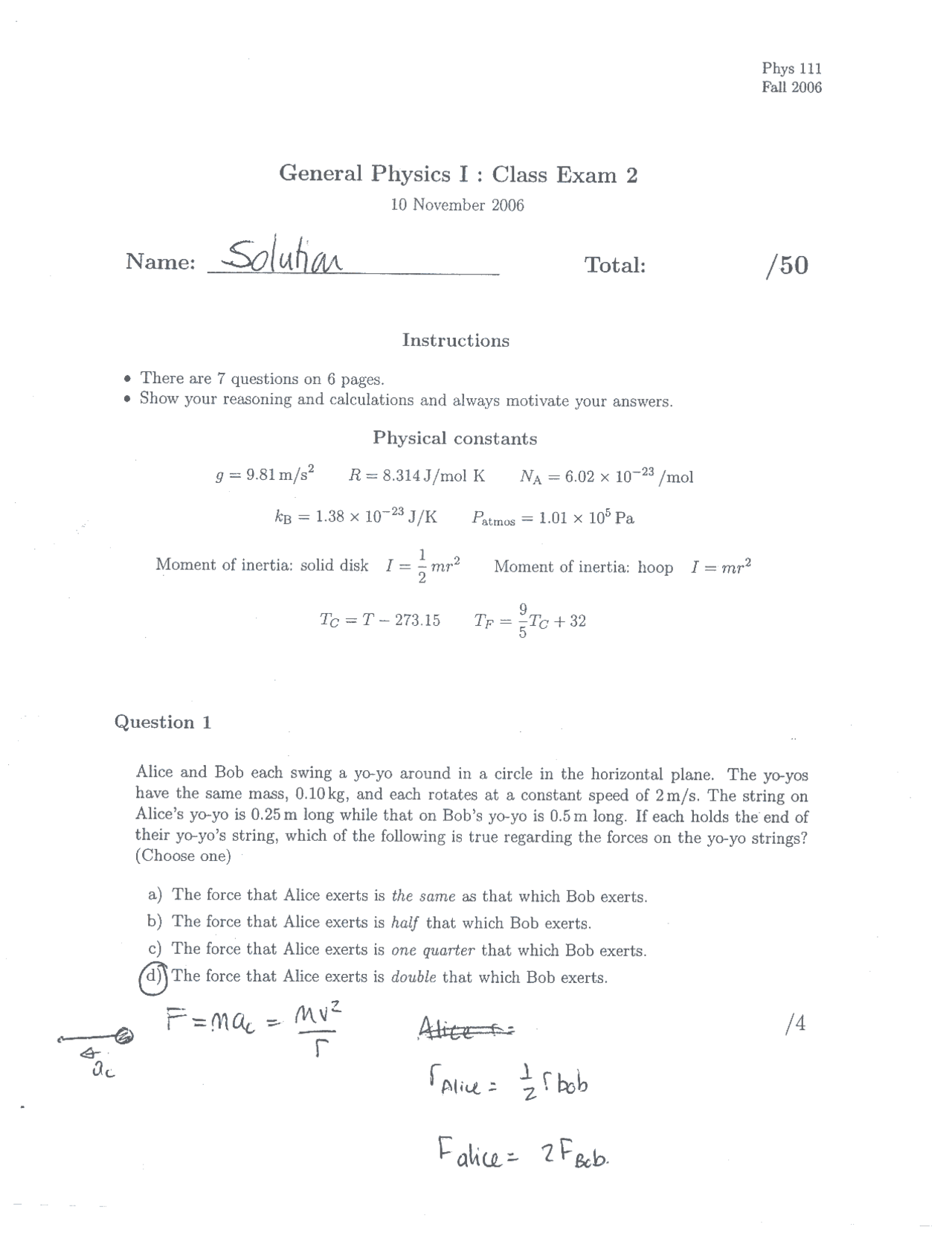 Exam 2 With Solution General Physics 1 Phys 111 Docsity