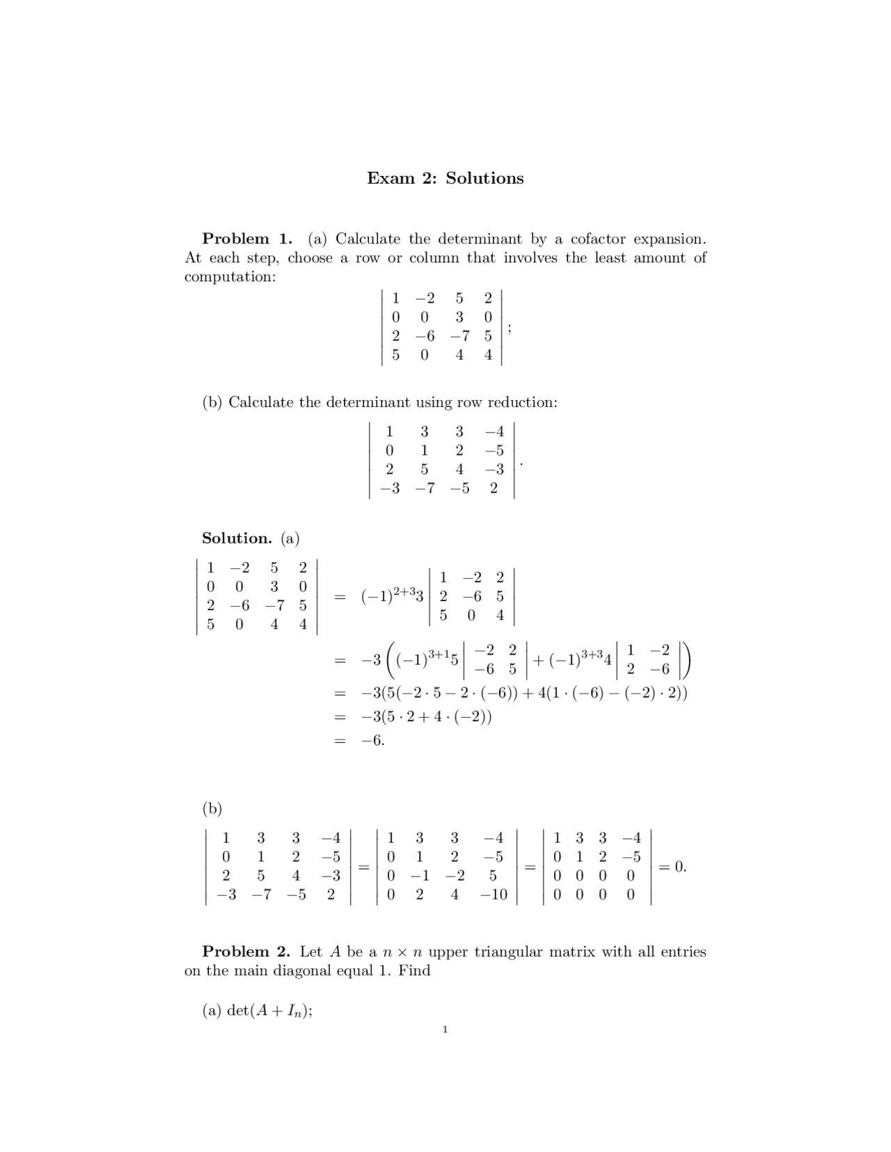 Exam 2 Solutions Linear Algebra Math 201 Docsity