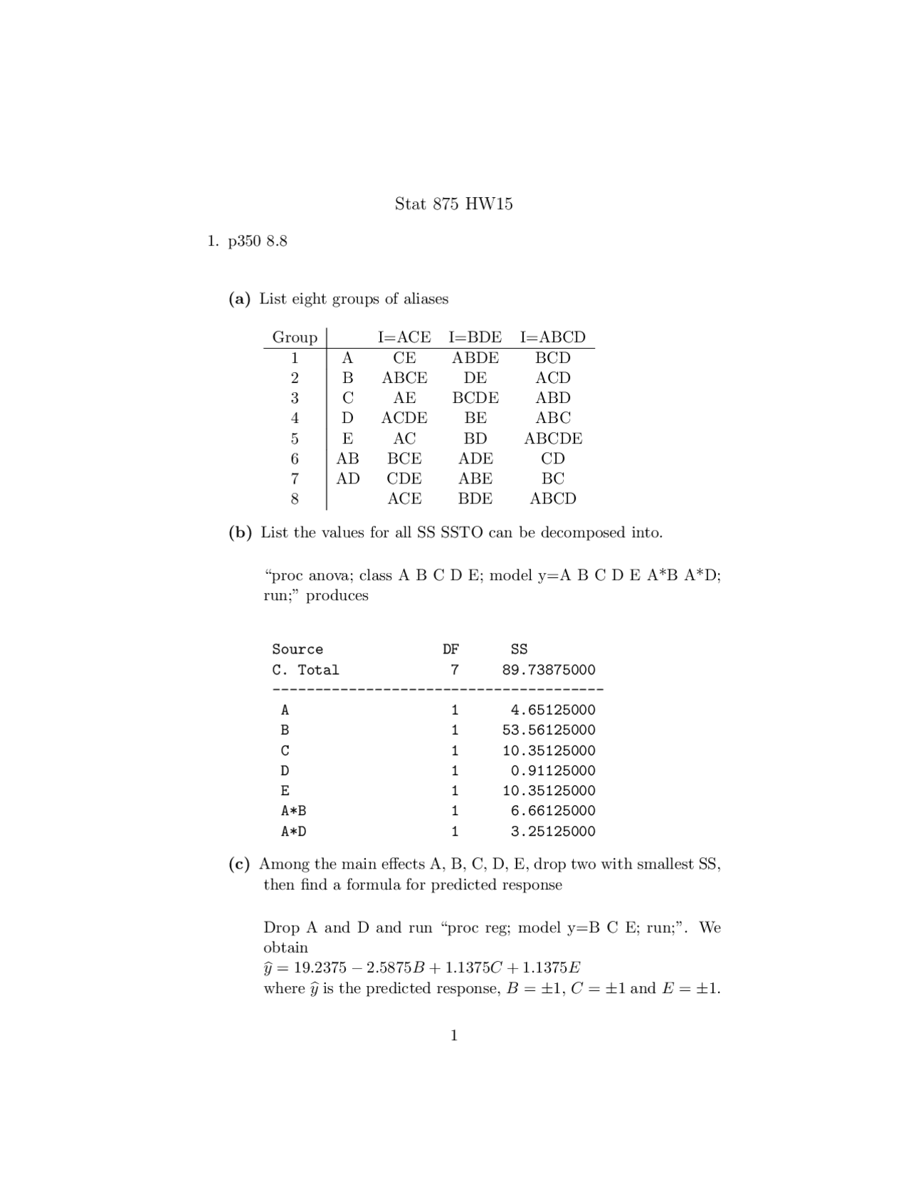 Introduction To Design Of Experiments Homework 15 Stat 875 Docsity