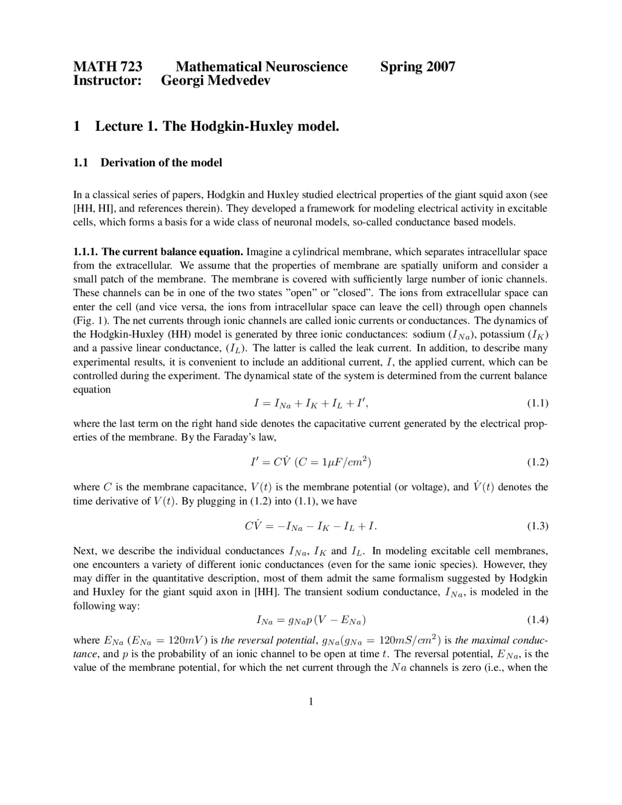The Hodgkin-Huxley Model - Lecture Notes | MATH 723 - Docsity