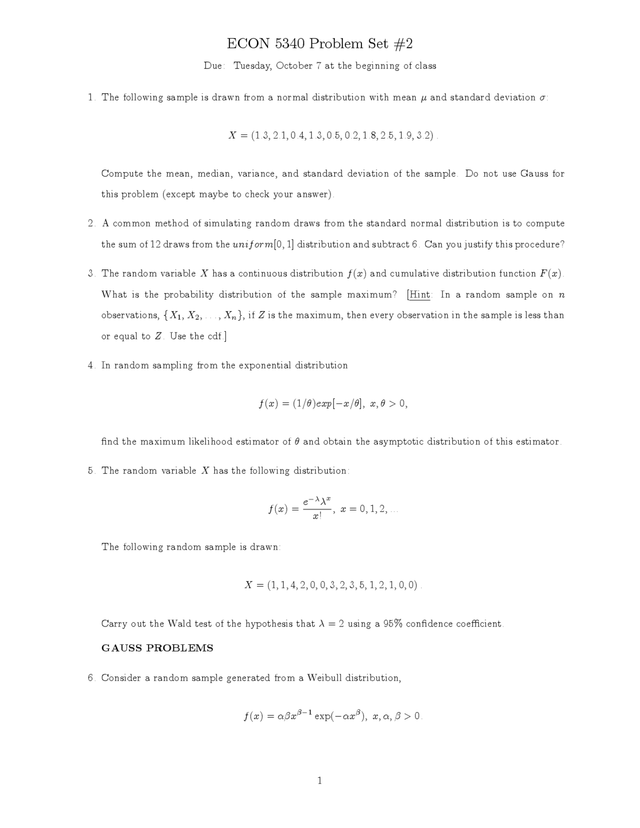 Problem Set Ii For Advanced Econometric Theory Econ 5350 Assignments Econometrics And