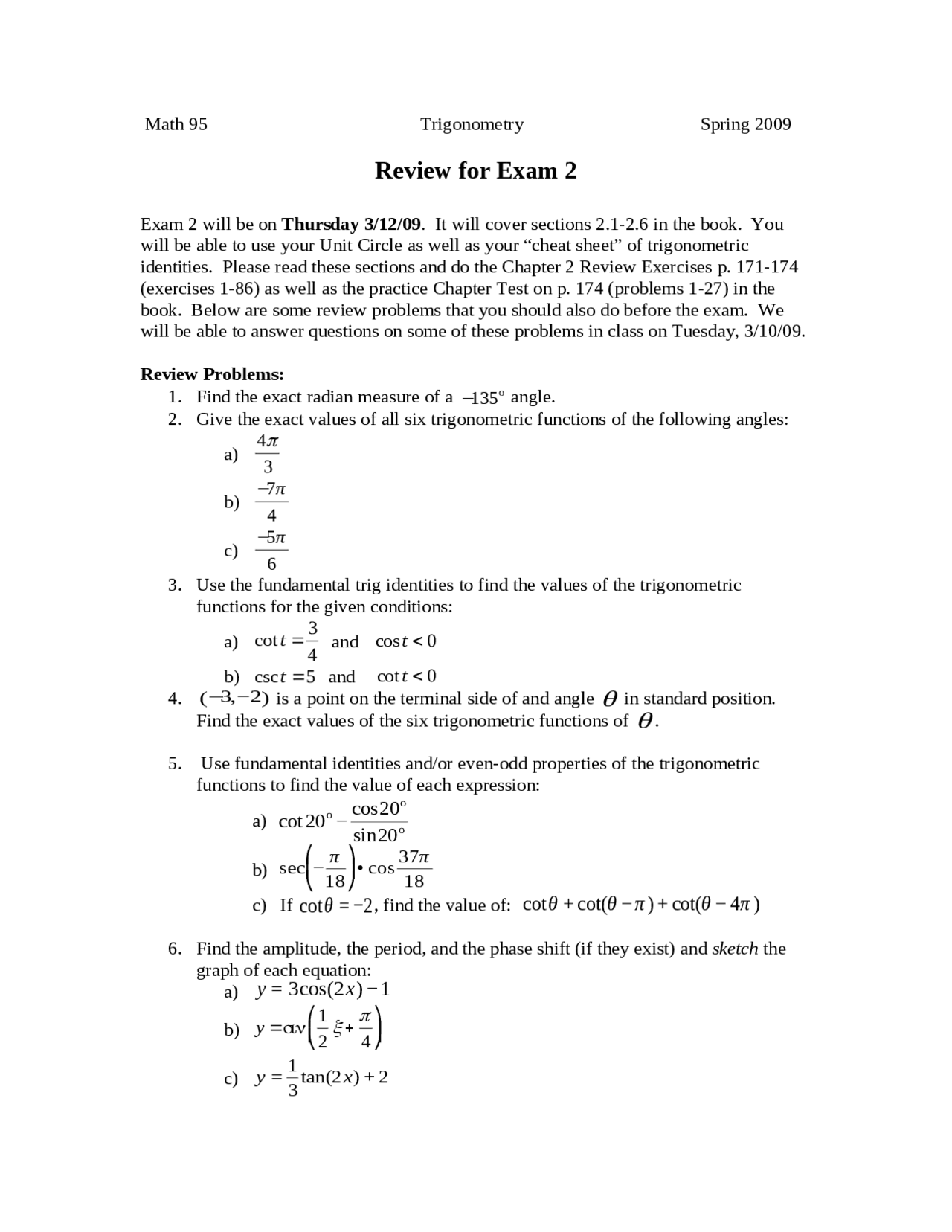 Review for Exam 2 | Trigonometry 2009 | MATH 95 - Docsity