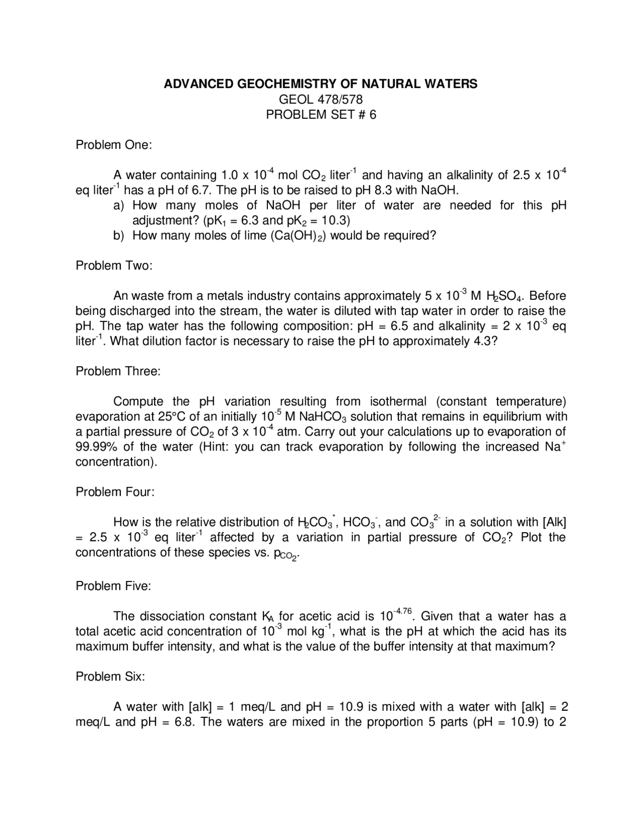 6 Problems On Advanced Geochemistry Of Natural Waters Problem Set 6