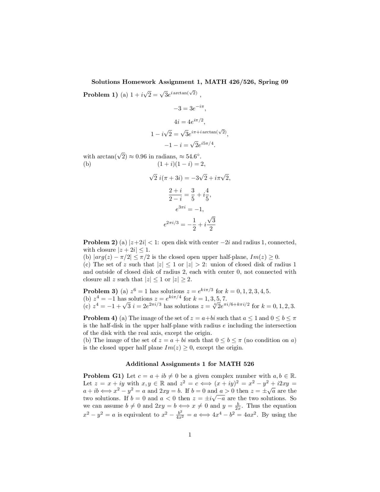 Complex Variables Homework Assignment 1 Solutions Math 426 Docsity