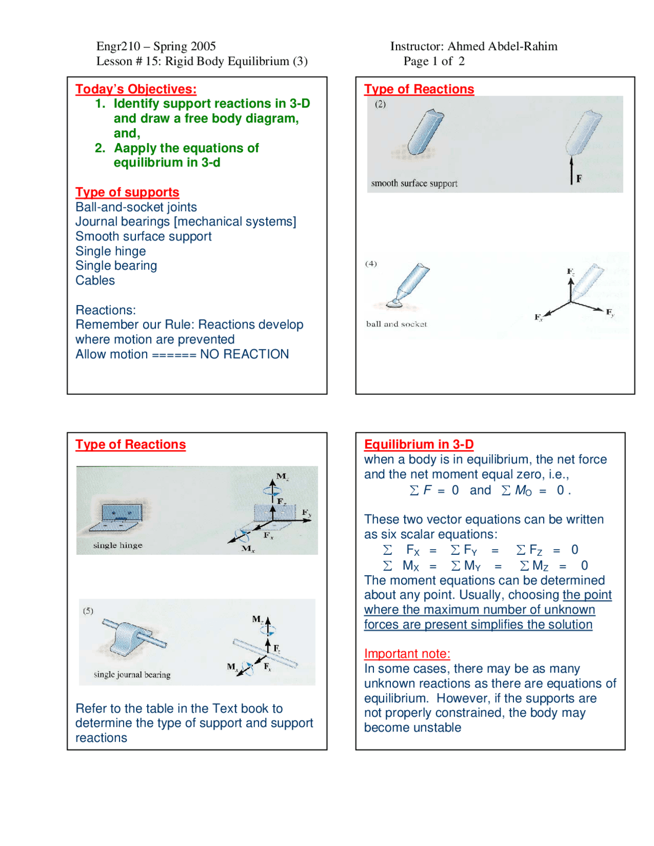 Rigid Body Equilibrium Lecture Slides Engr 210 Docsity