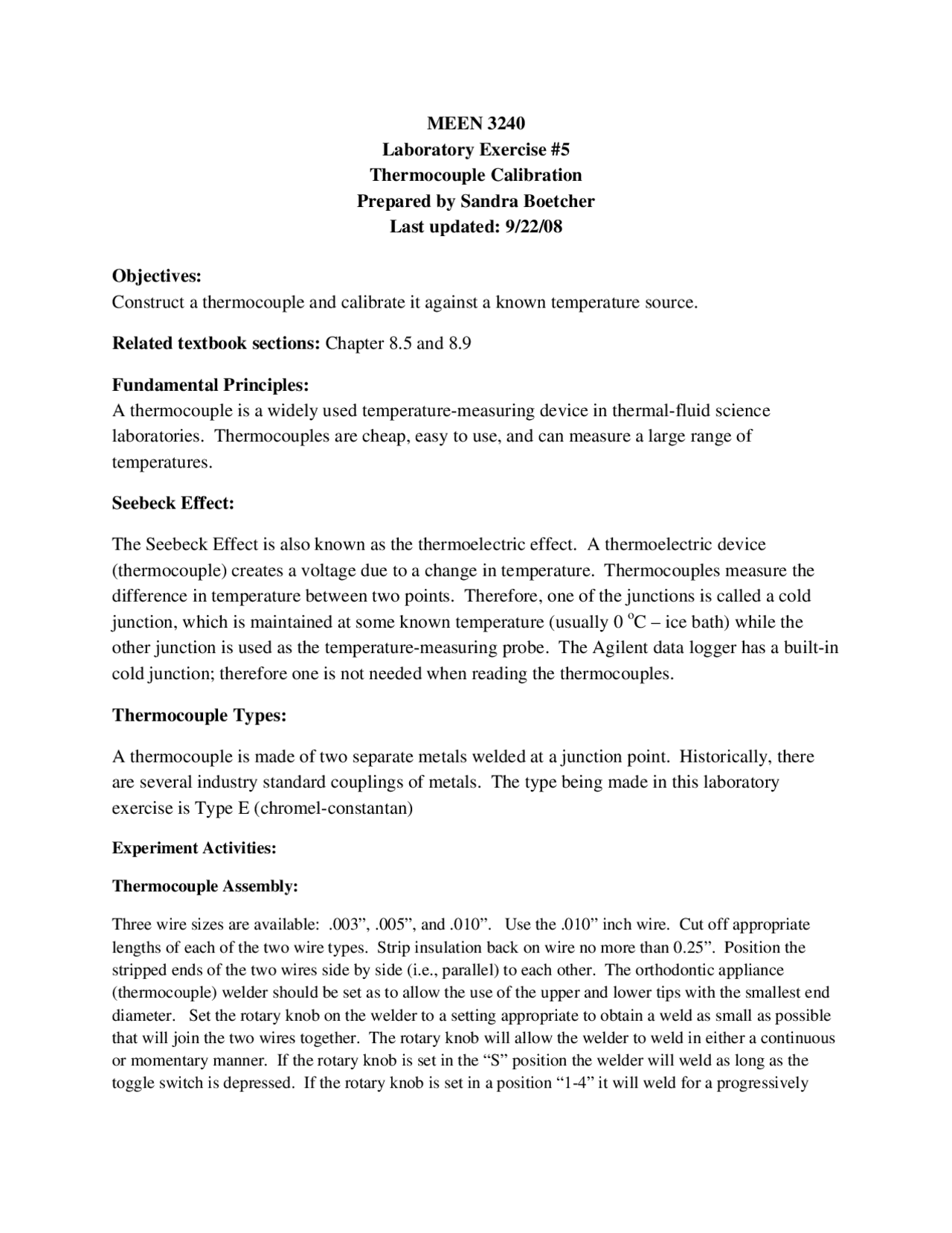 Laboratory Exercise 5: Thermocouple Calibration | MEEN 3240 - Docsity