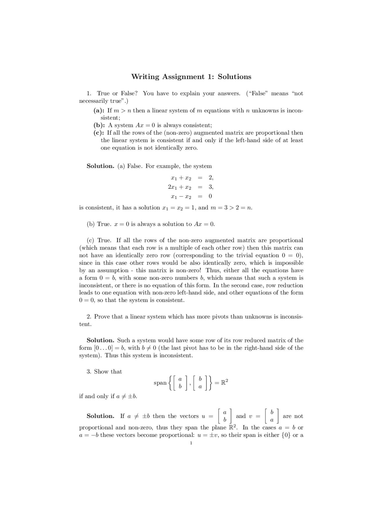 Linear Algebra Assignment 1 Solutions Math 201 Docsity