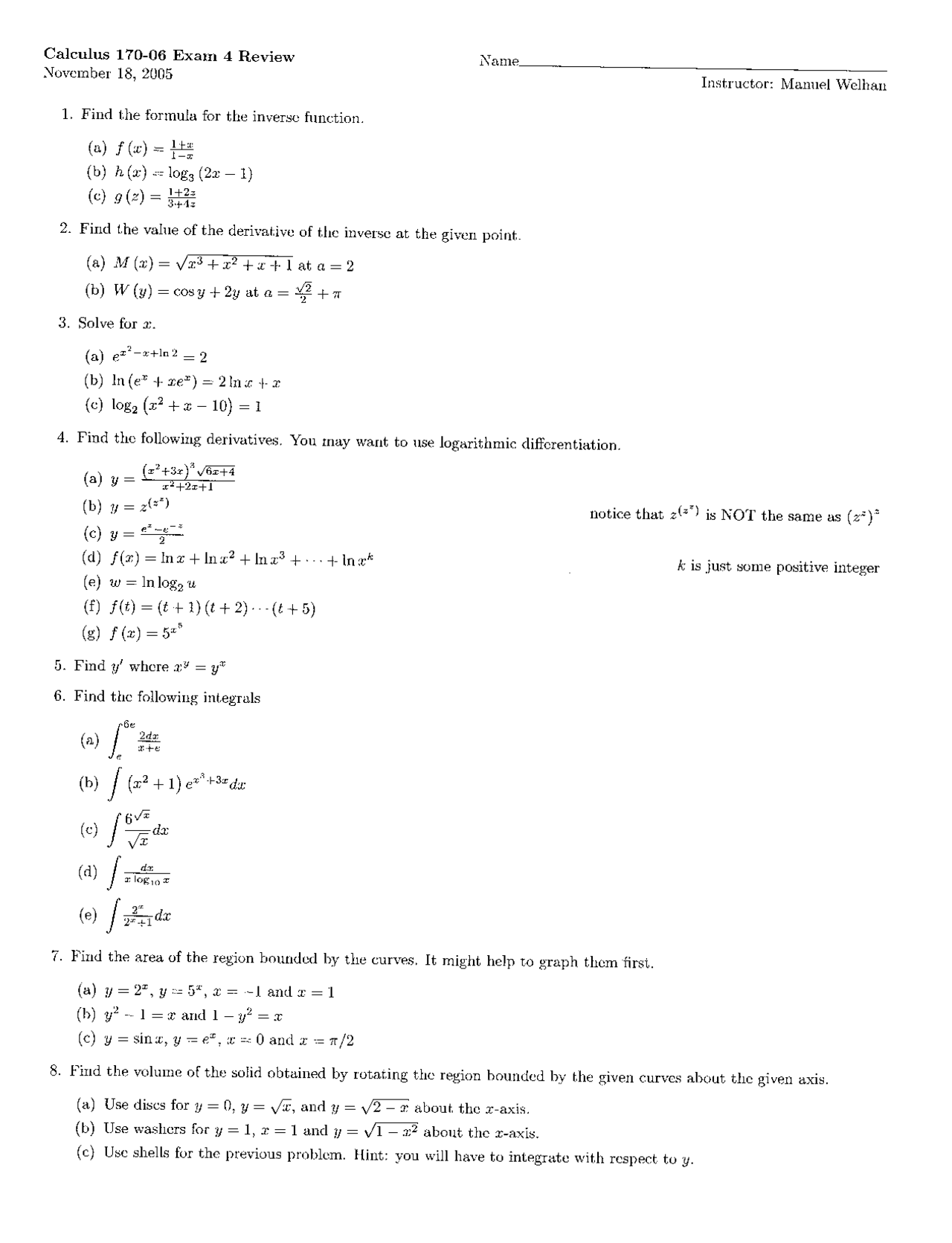 Exam 4 Review Problems Analytic Geometry And Calculus I Math 170