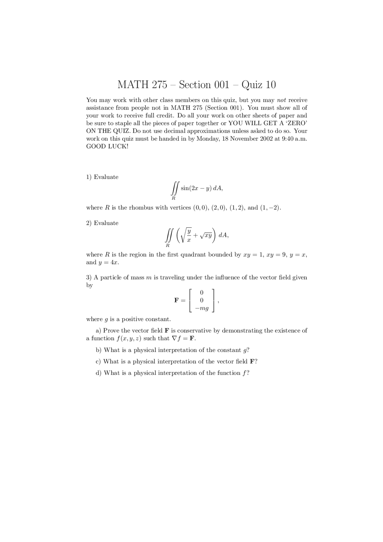 Quiz 10 Questions Multivariable And Vector Calculus Math 275 Docsity