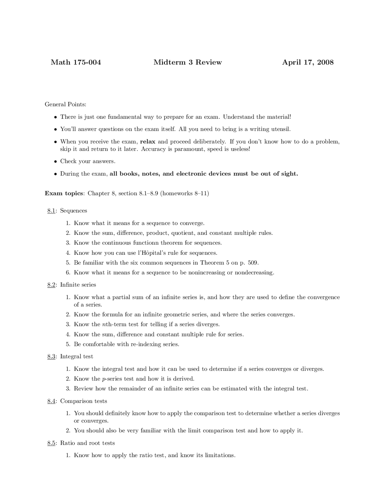 Midterm Exam 3 Review Sheet Calculus Ii Math 175 Docsity