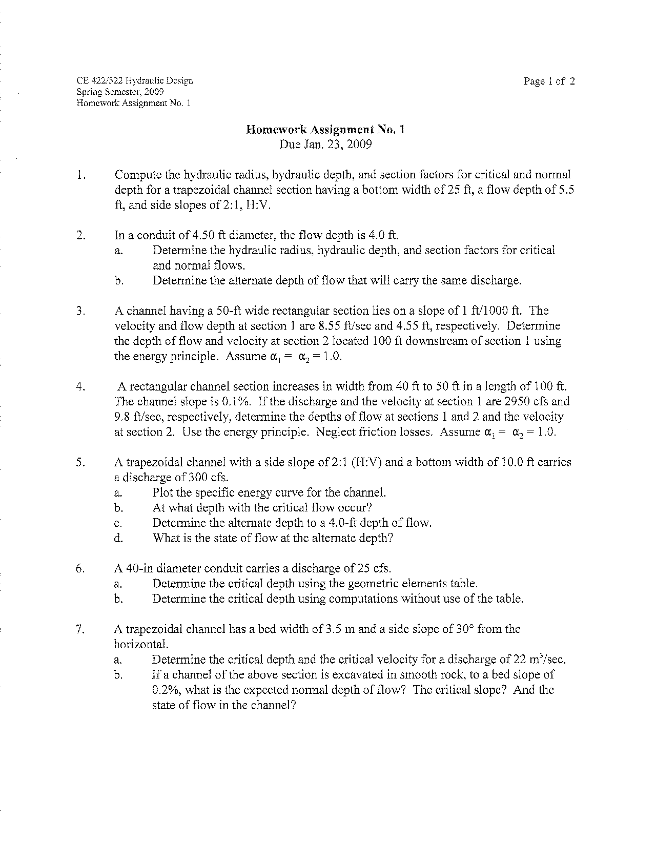 Practice Homework 1 - Hydraulic Design | CE 522 - Docsity