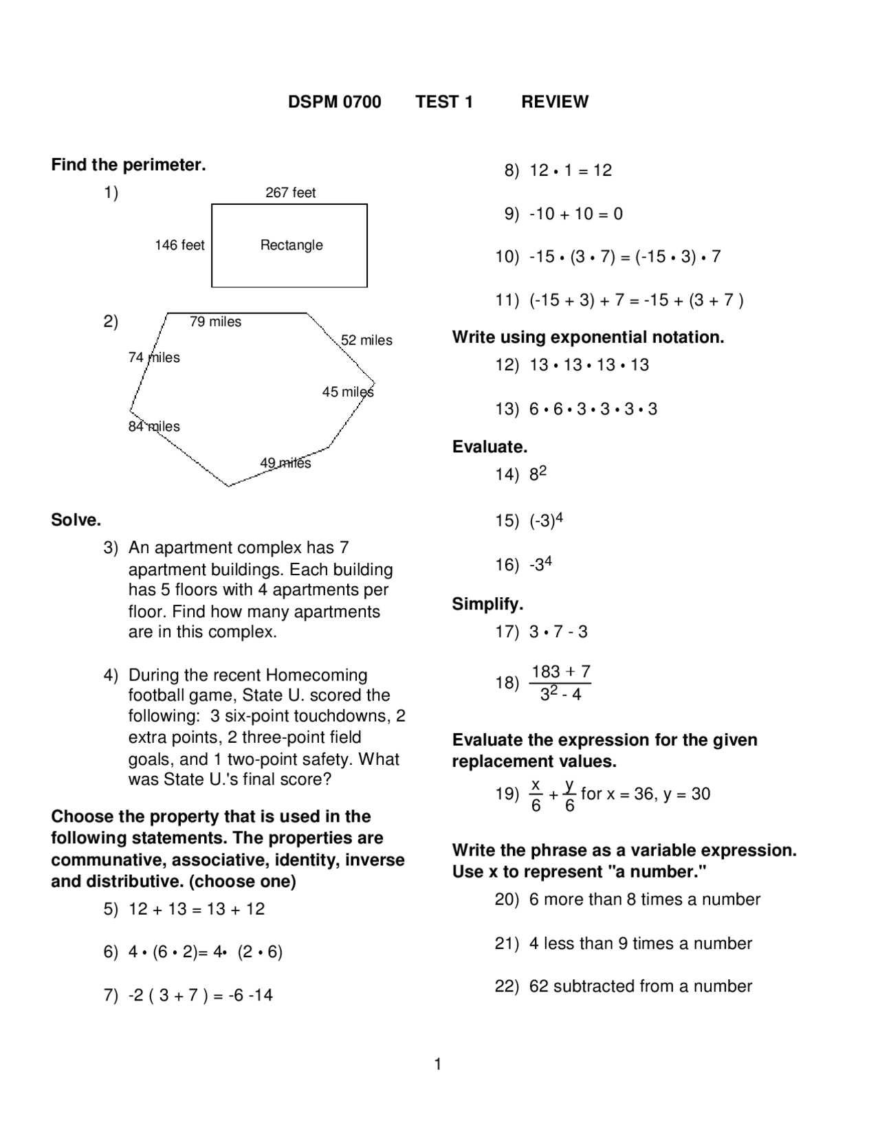 Exam 1 Review Sheet Basic Mathematics Pre Algebra Dspm 0700 Docsity
