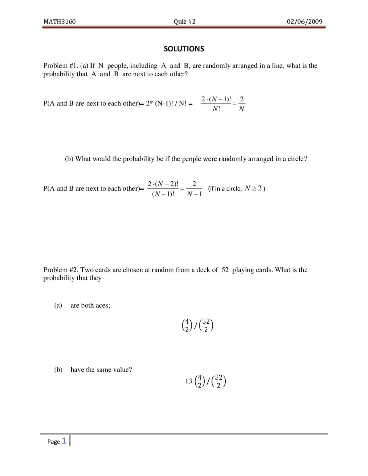 3 Solved Problems on Random Probability - Quiz 2 | MATH 3160 - Docsity