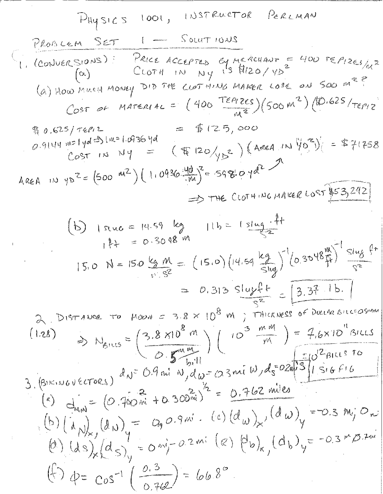 Problem Set One Solutions - Physics 1 | PHY 1001 - Docsity