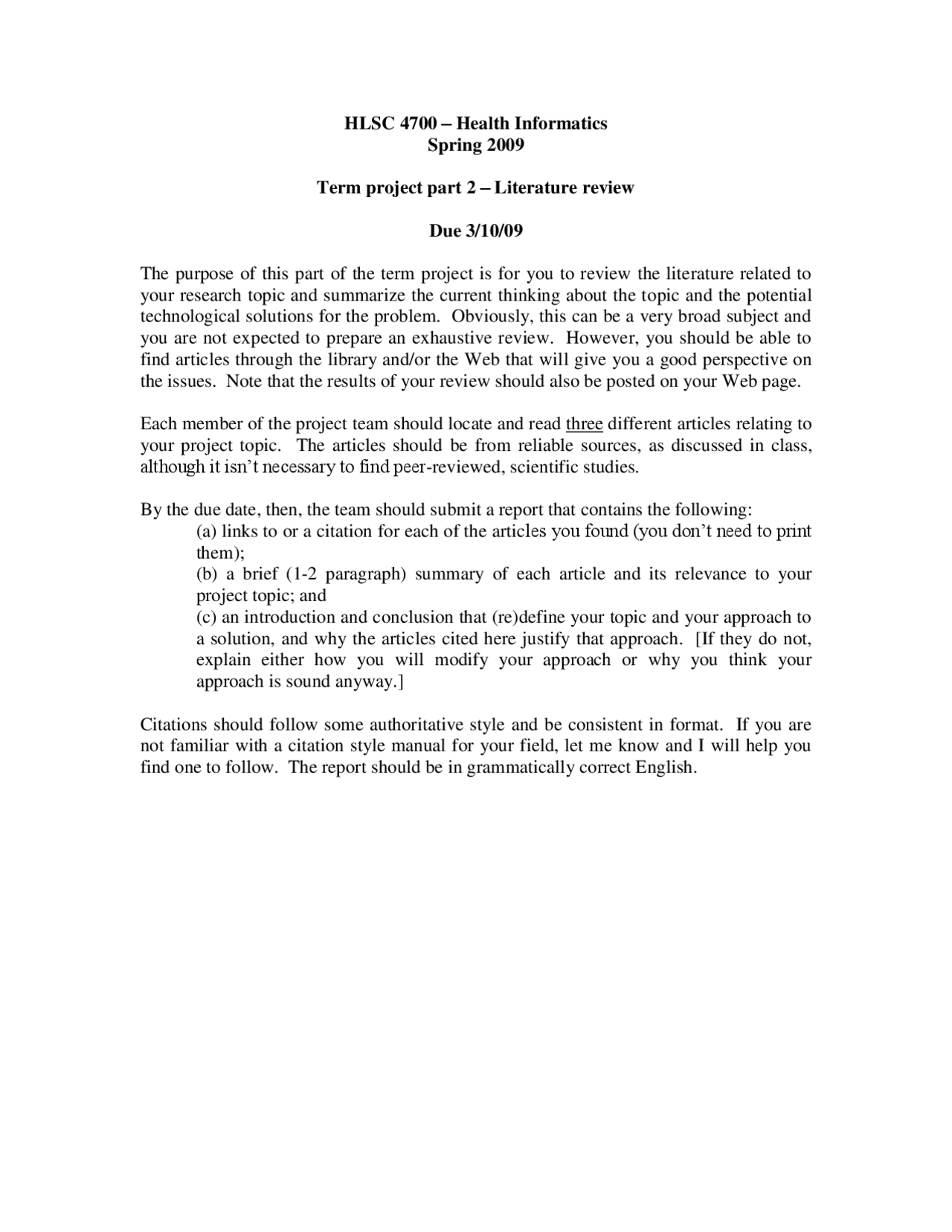 Health Informatics - Project 2 for Literature Review | HLSC 4700 - Docsity