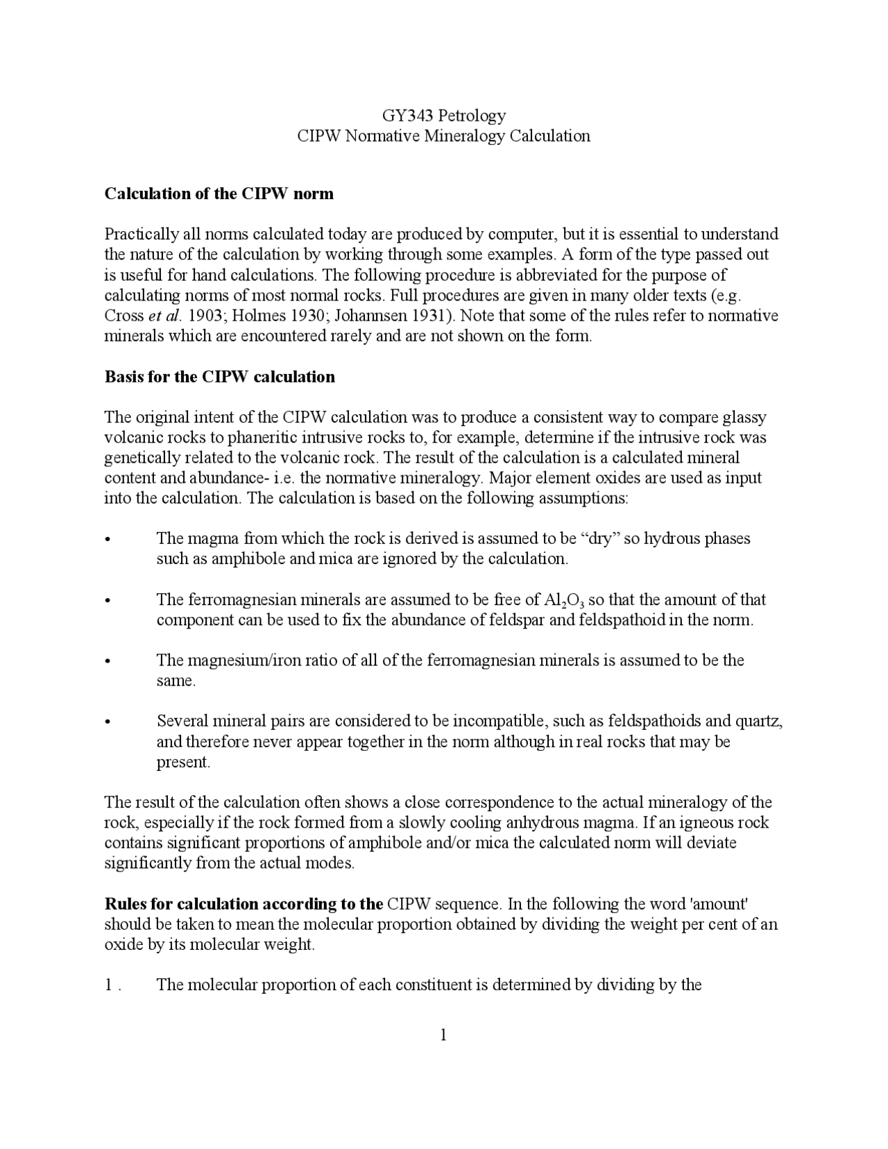 GY343 Petrology CIPW Normative Mineralogy Calculation - Final Notes ...