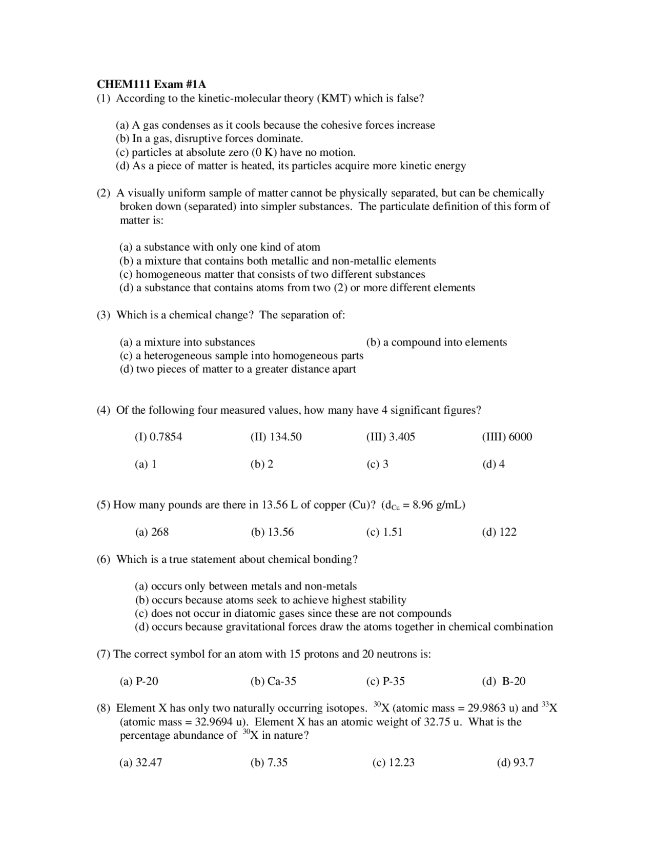 27 Mcqs For Exam 1 General Chemistry Science Chem 111 Docsity