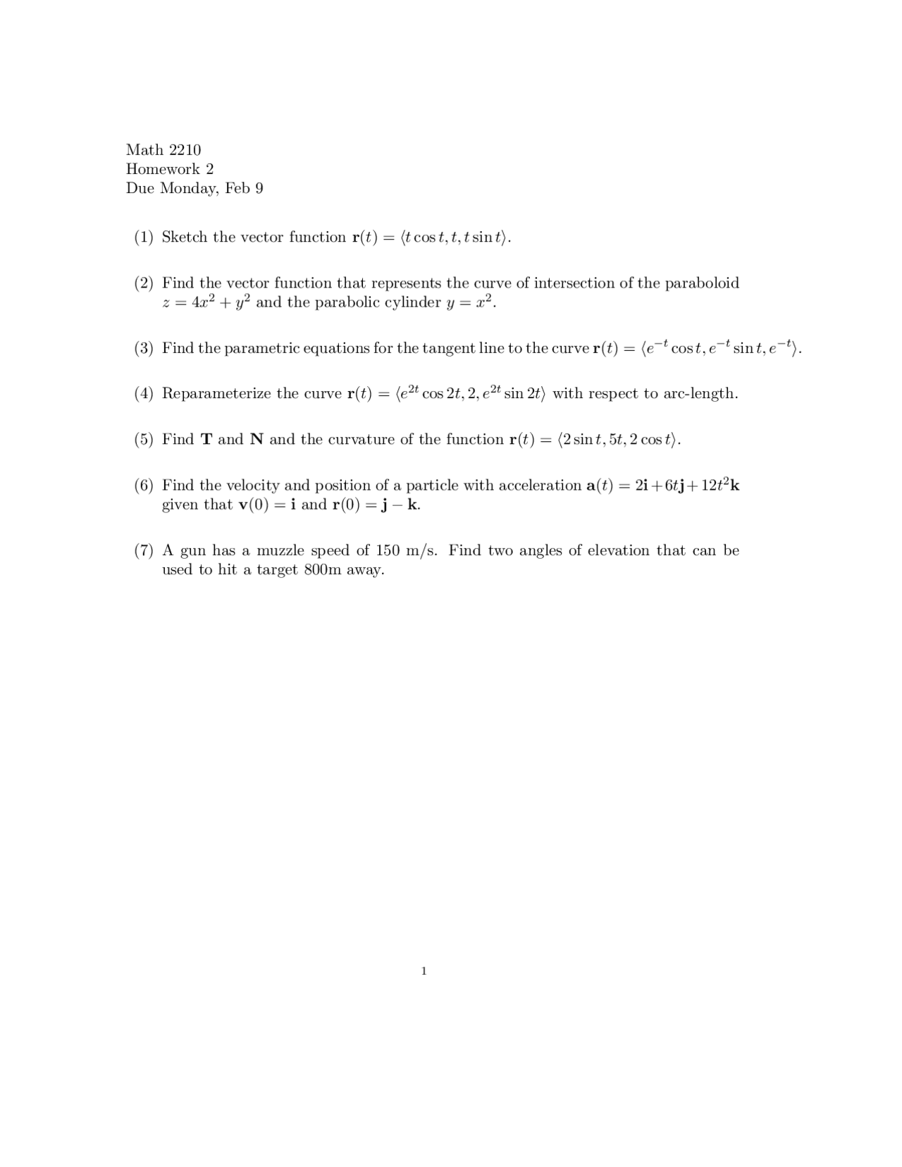 Calculus III - Practice Questions for Assignment 2 | MATH 2210 - Docsity
