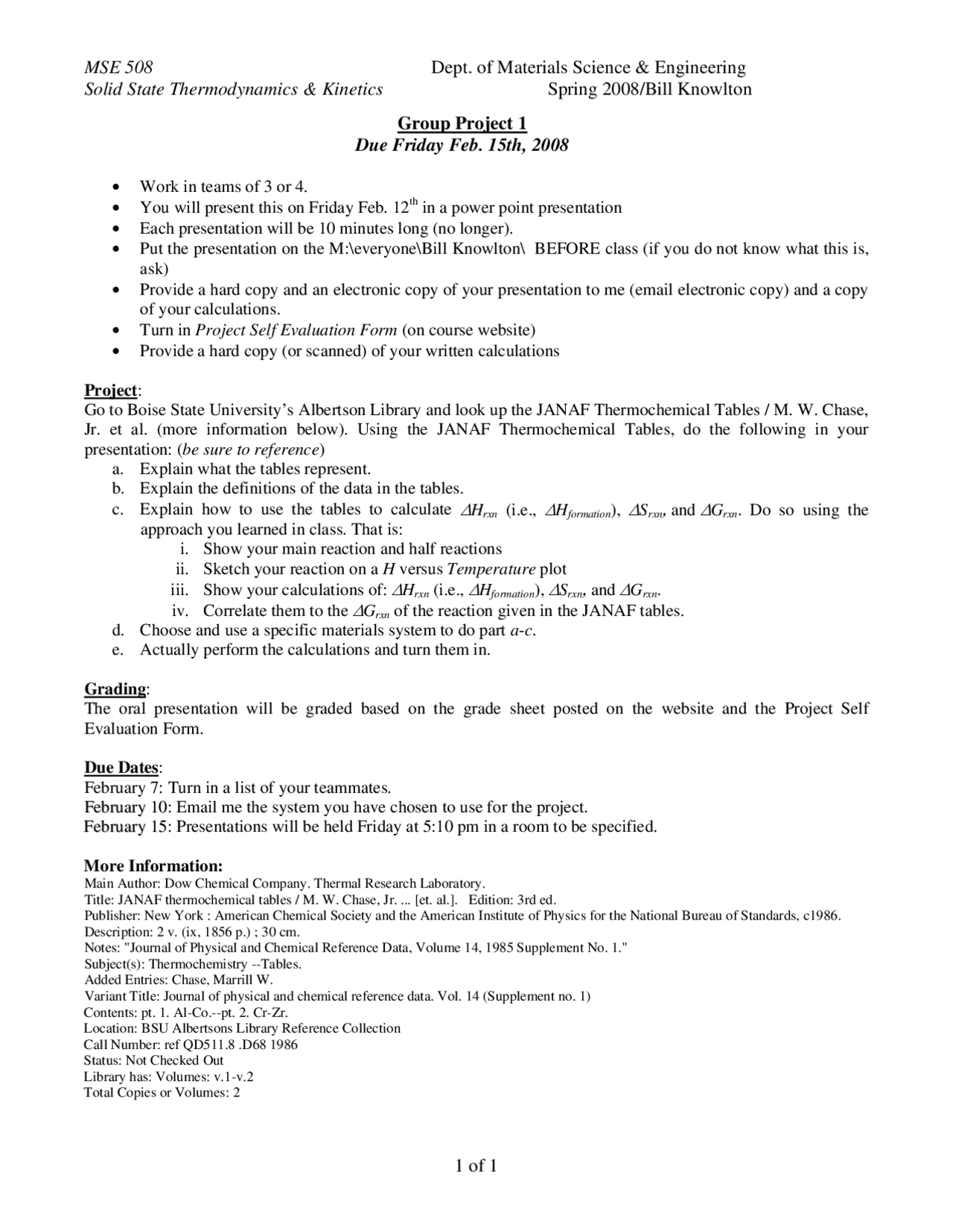 Group Project 1 Report On Solid State Thermodynamics Mse 508 Docsity