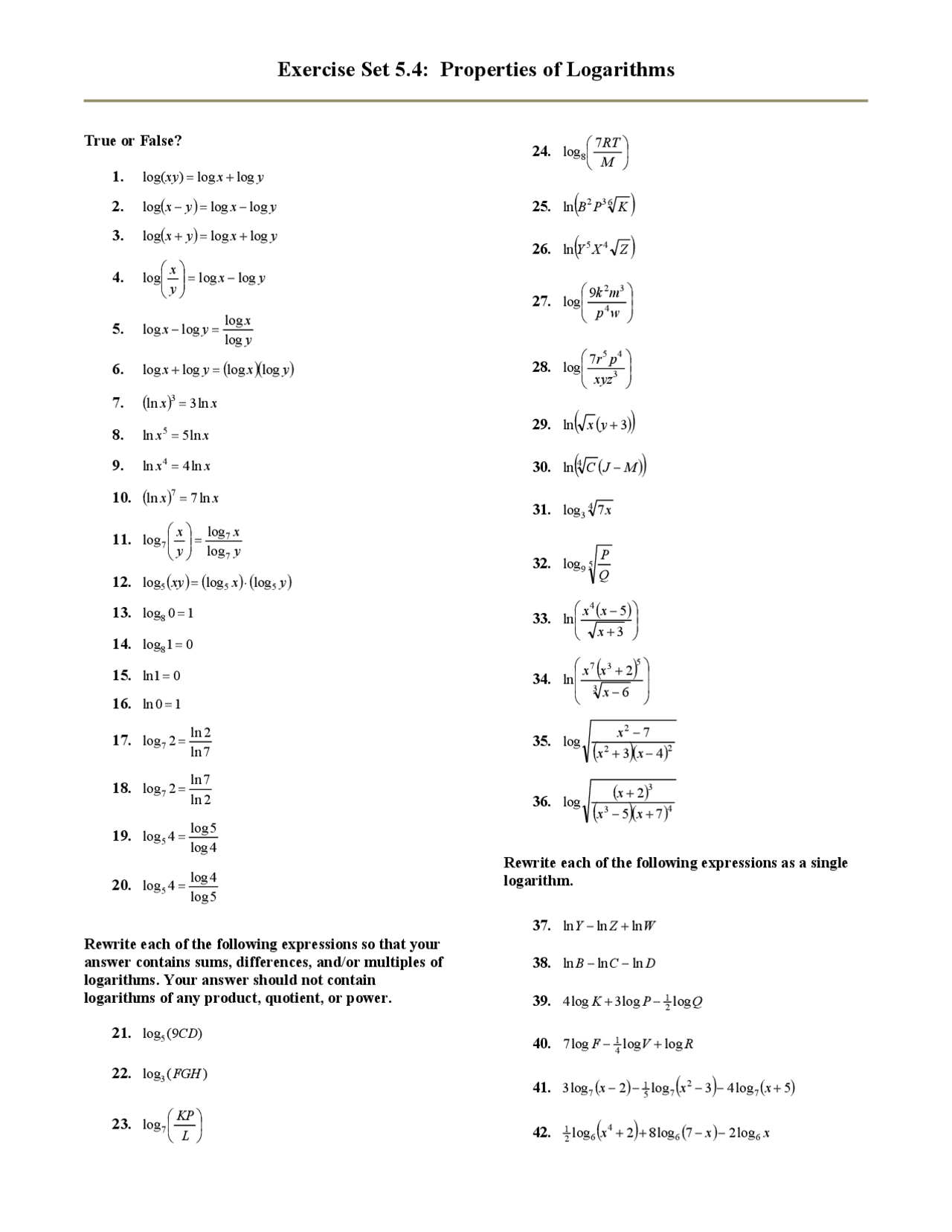 Notes On Properties Of Logarithms College Algebra Math 1310 Docsity