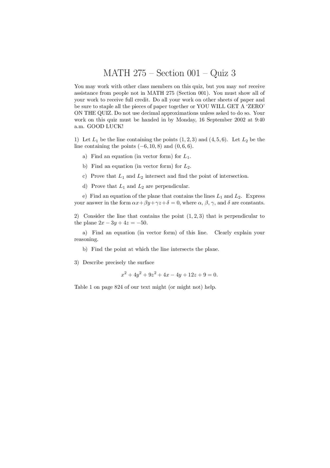Quiz 3 Multivariable And Vector Calculus Math 275 Docsity
