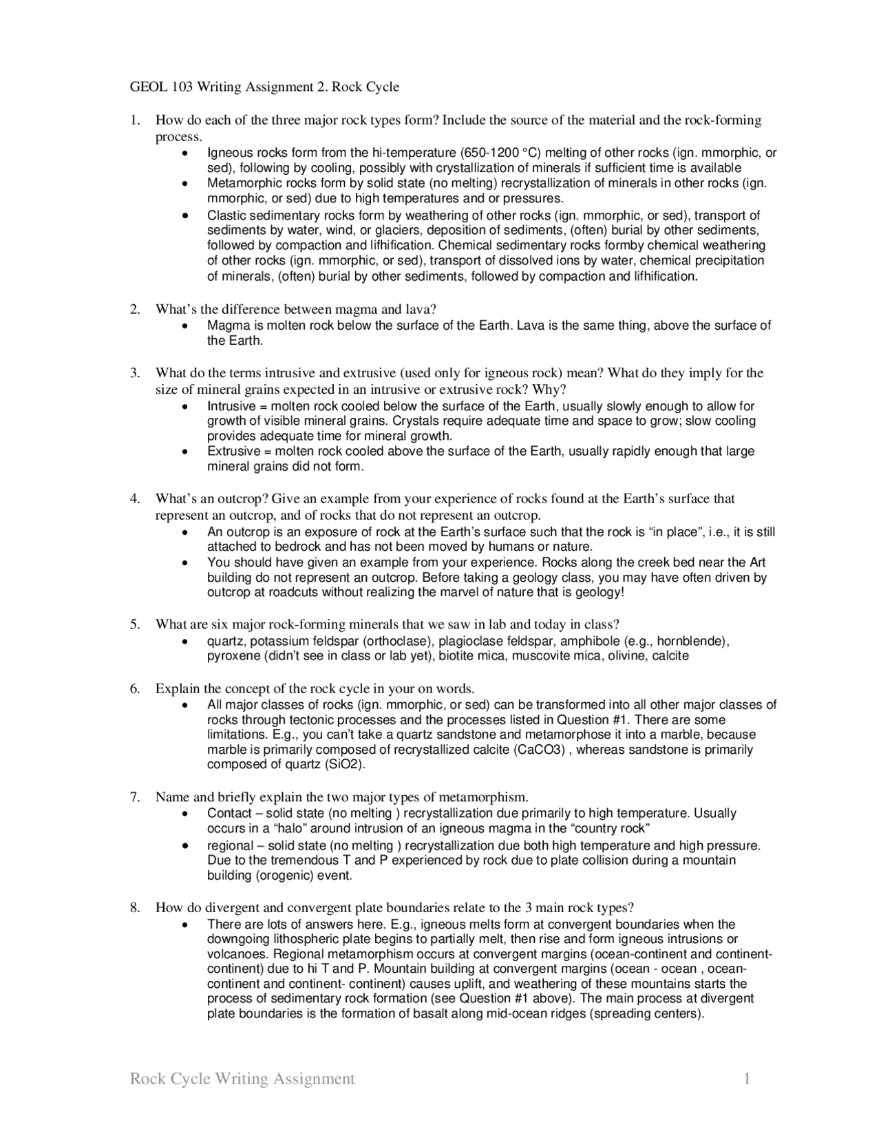 Solved Problems On Rock Cycles Homework 2 Geol 103 Docsity