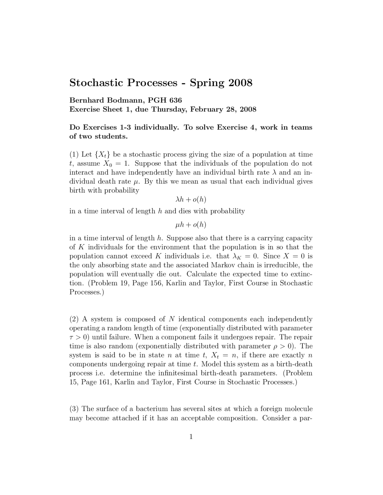 Stochastic Processes Assignment 1 Spring 2008 Math 6397 Docsity