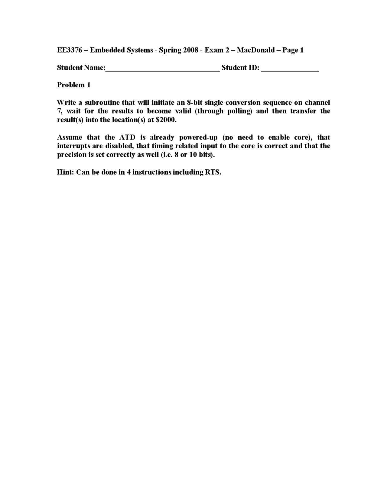 Exam 2 Problems with Hints - Microprocessor Systems I | EE 3376 - Docsity