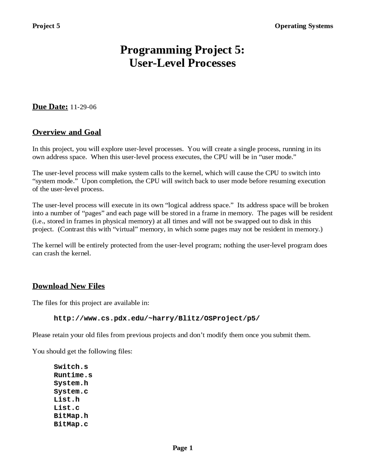 Programming Project 5 User Level Processes Cs 333 Docsity