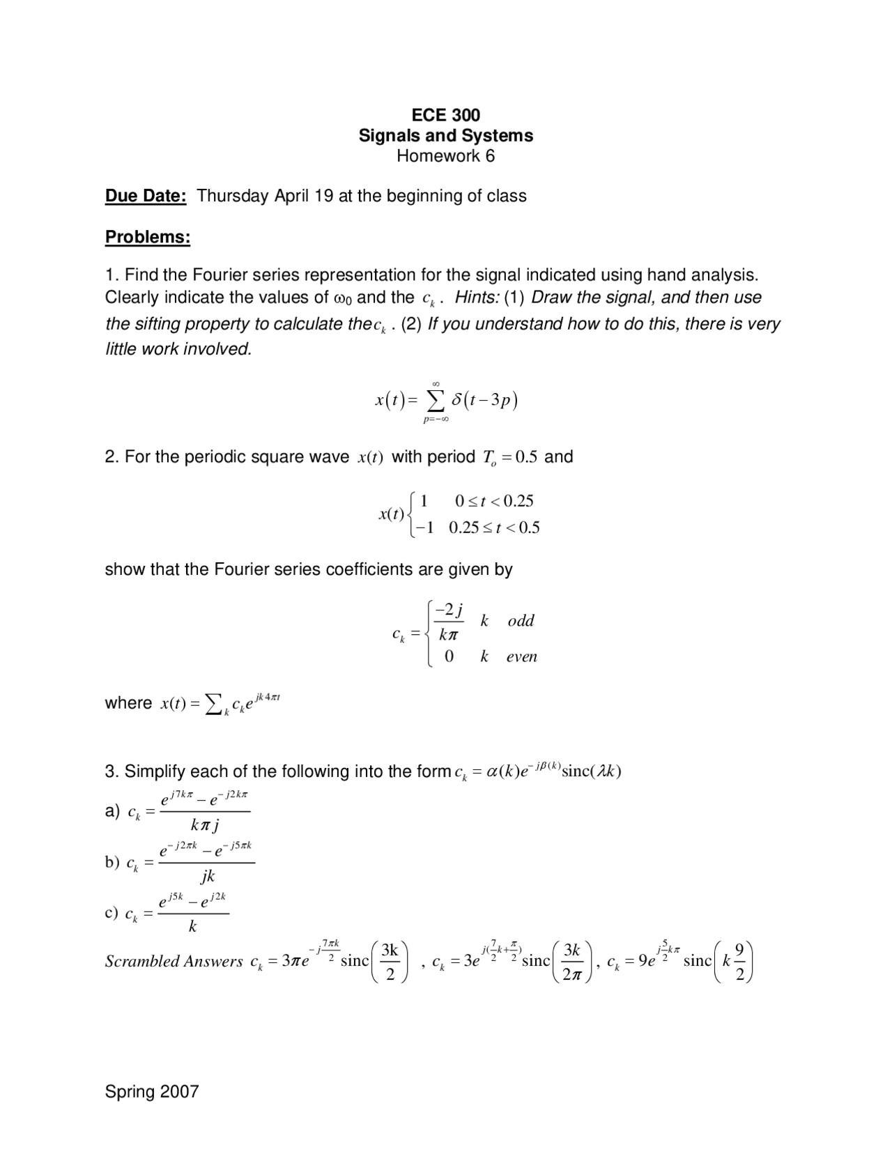 Signals and Systems: Homework 6 - Fourier Series and Power Spectrum - Prof. Robert D. Thro ...