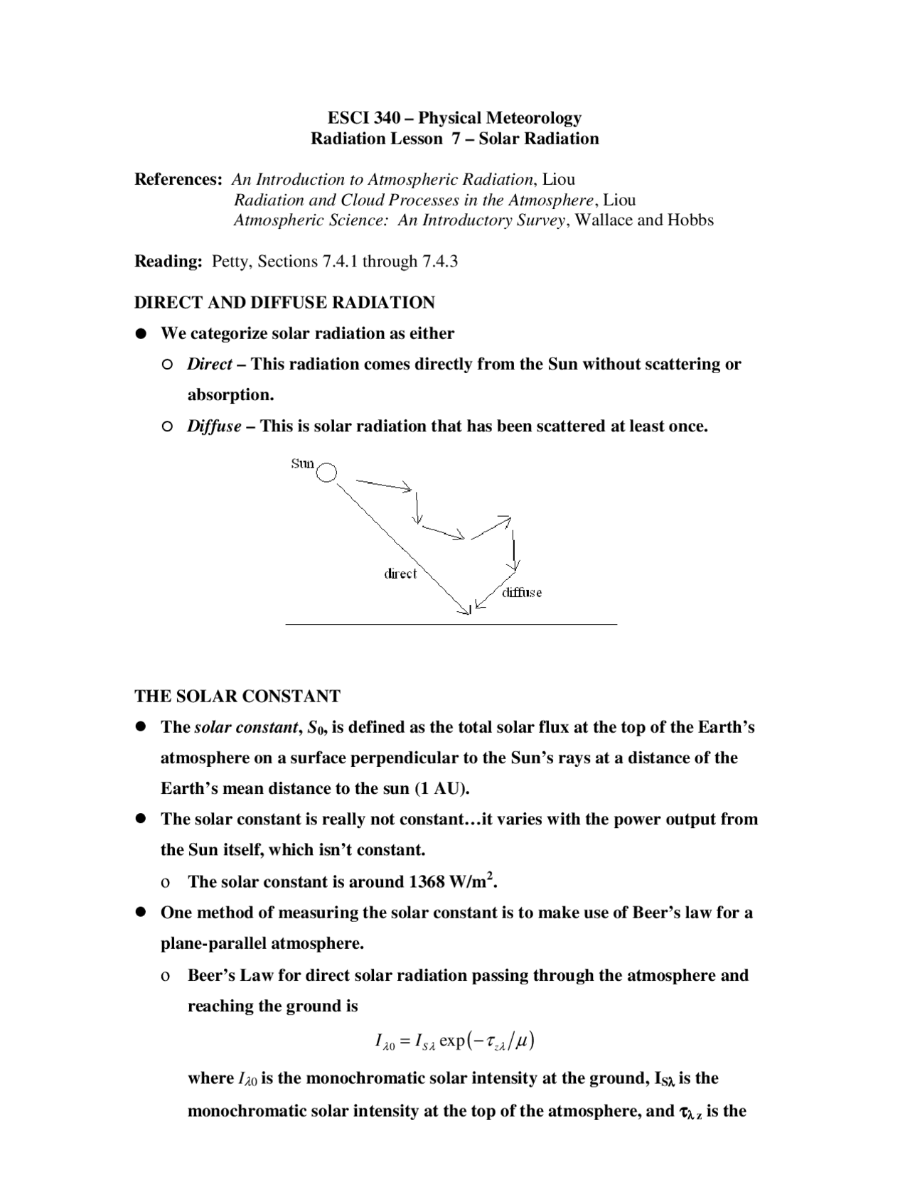 Solar Radiation Physical Meteorology Lecture Notes Esci 340 Docsity