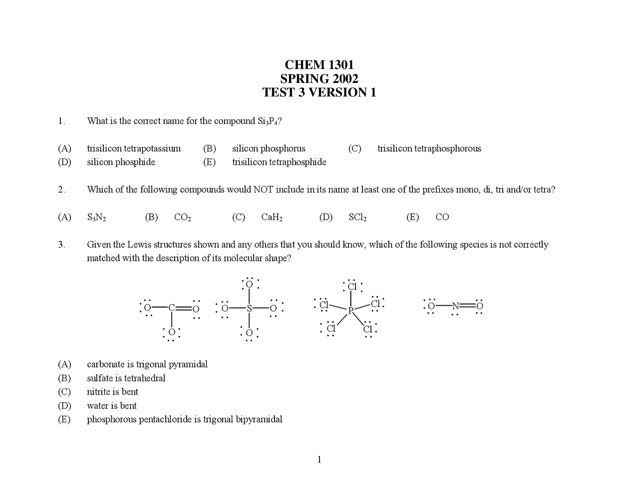 Exam 3 Questions for Answer - Foundations of Chemistry | CHEM 1301 ...