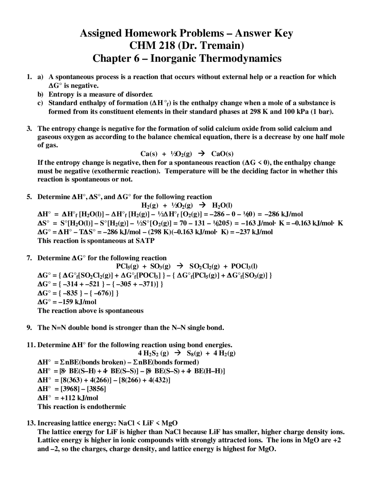 Homework Solutions Inorganic Thermodynamics Chm 218 Docsity